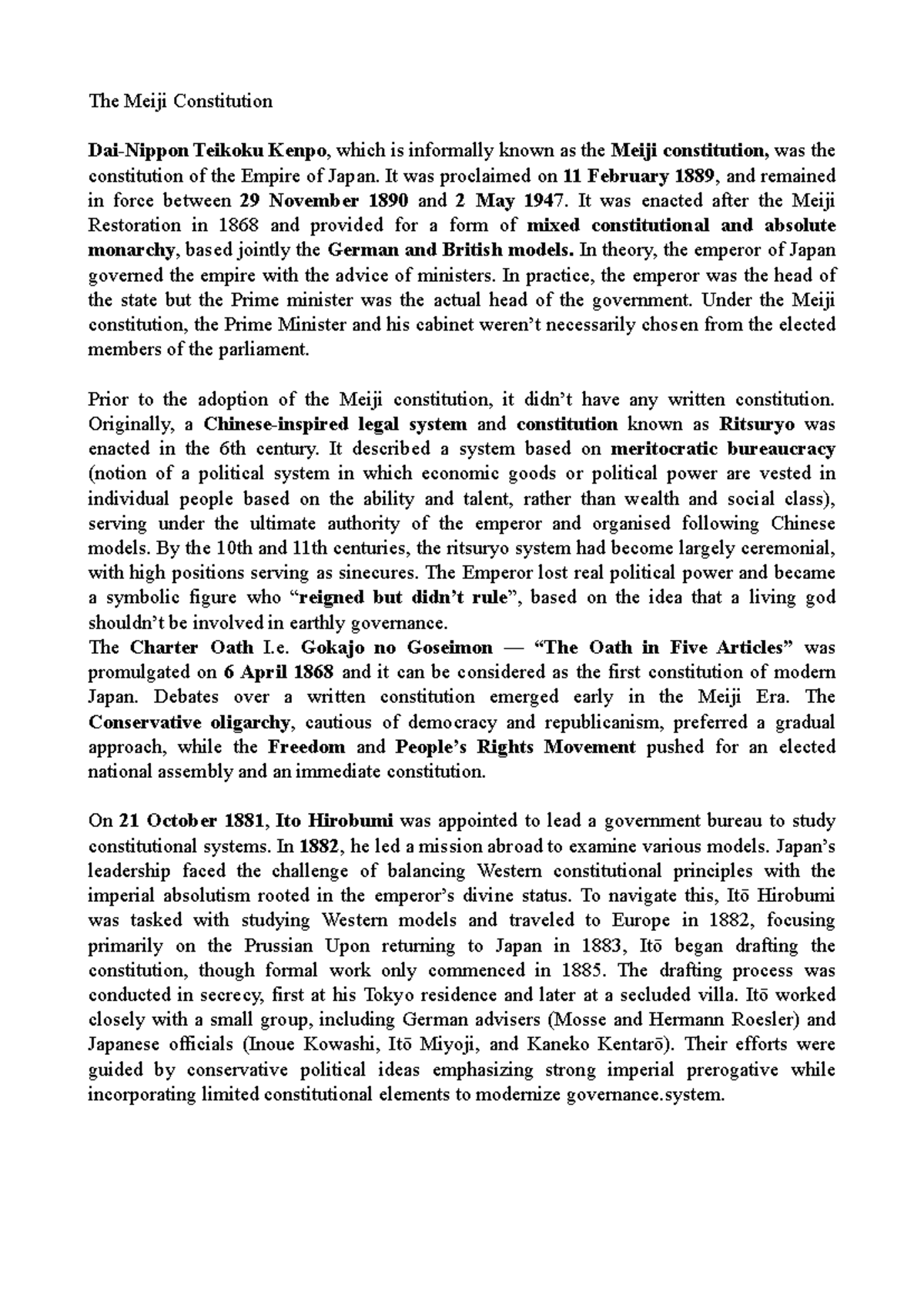 Meiji Constitution Overview: Historical Context and Implications - Studocu