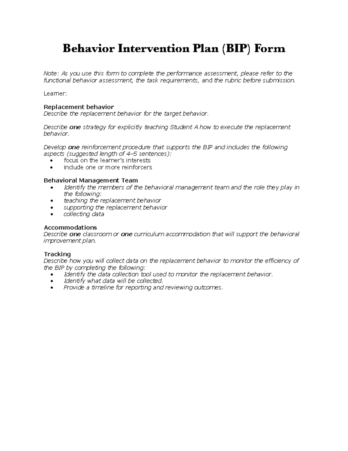 BIP Form: Behavior Intervention Plan Template for Assessment - Studocu