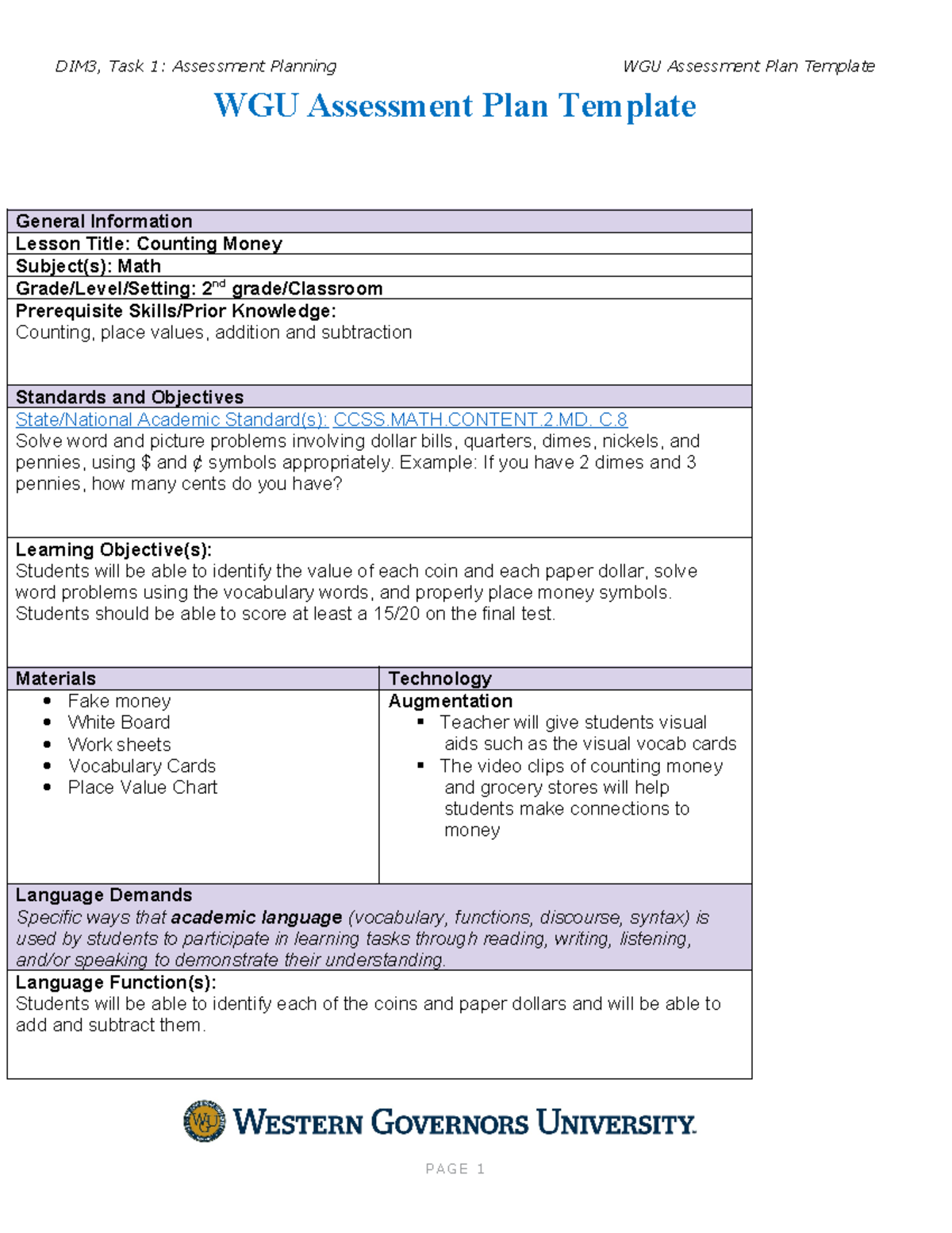 D093 task 1 - To help - WGU Assessment Plan Template General Information Lesson Title: Counting ...