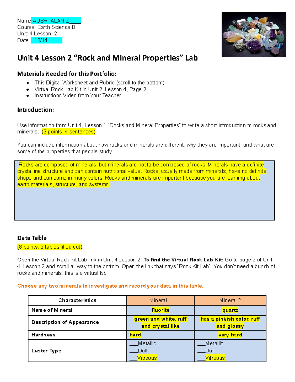 ES B U4L2 Rock and Mineral Properties Lab Worksheet - Studocu