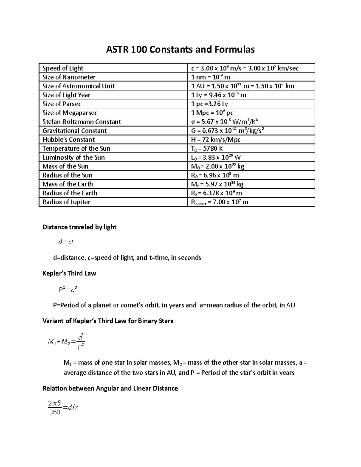 Introduction To Astronomy 100 Formula Sheet - ASTR 100 Constants and Formulas Speed of Light c ...