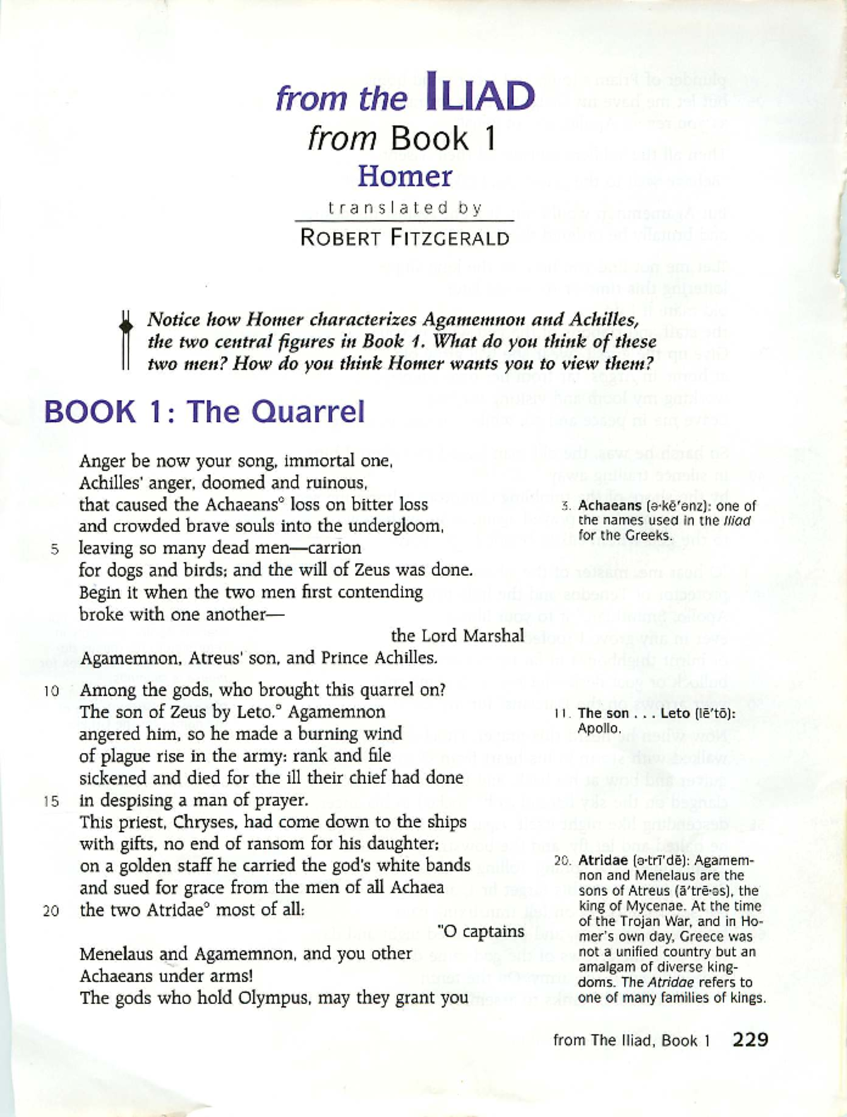 Iliad Book 1 Fitzgerald - from the ILIAD from Book 1 Homer translated ...