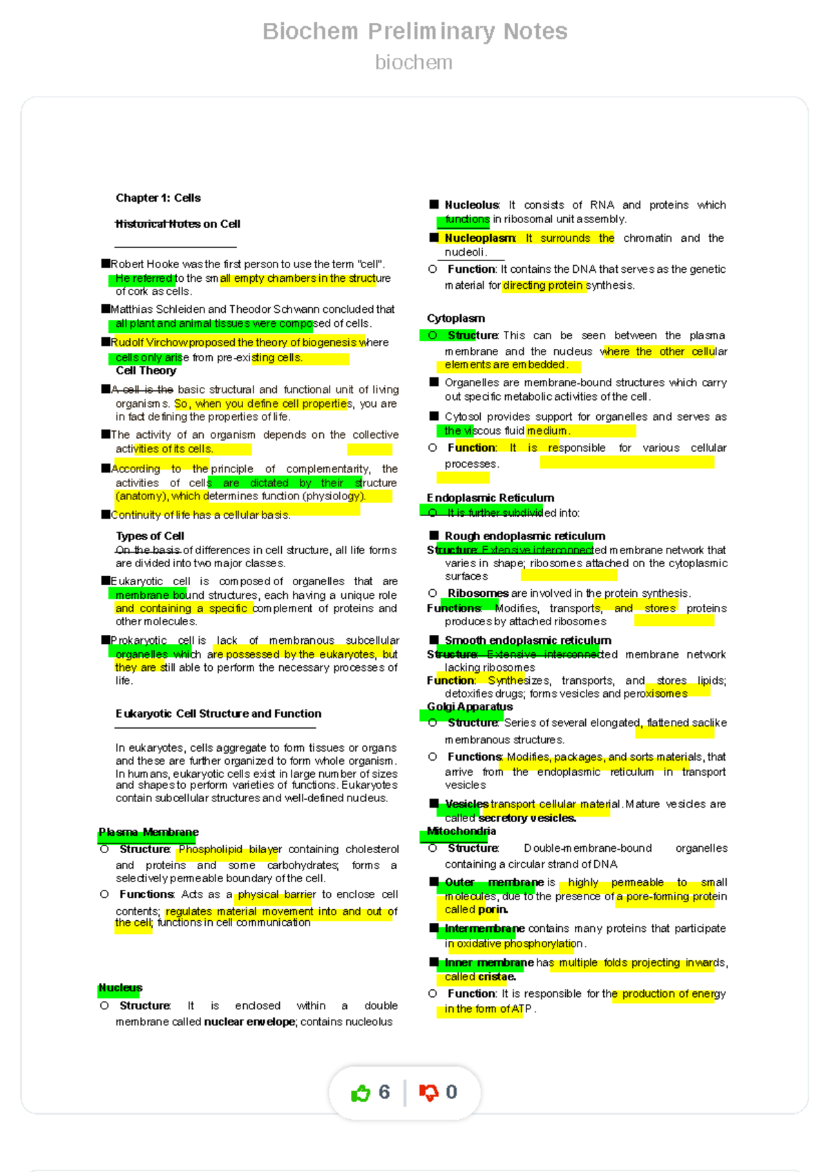 biochemistry notes - Biochem Preliminary Notes biochem Chapter 1: Cells ...
