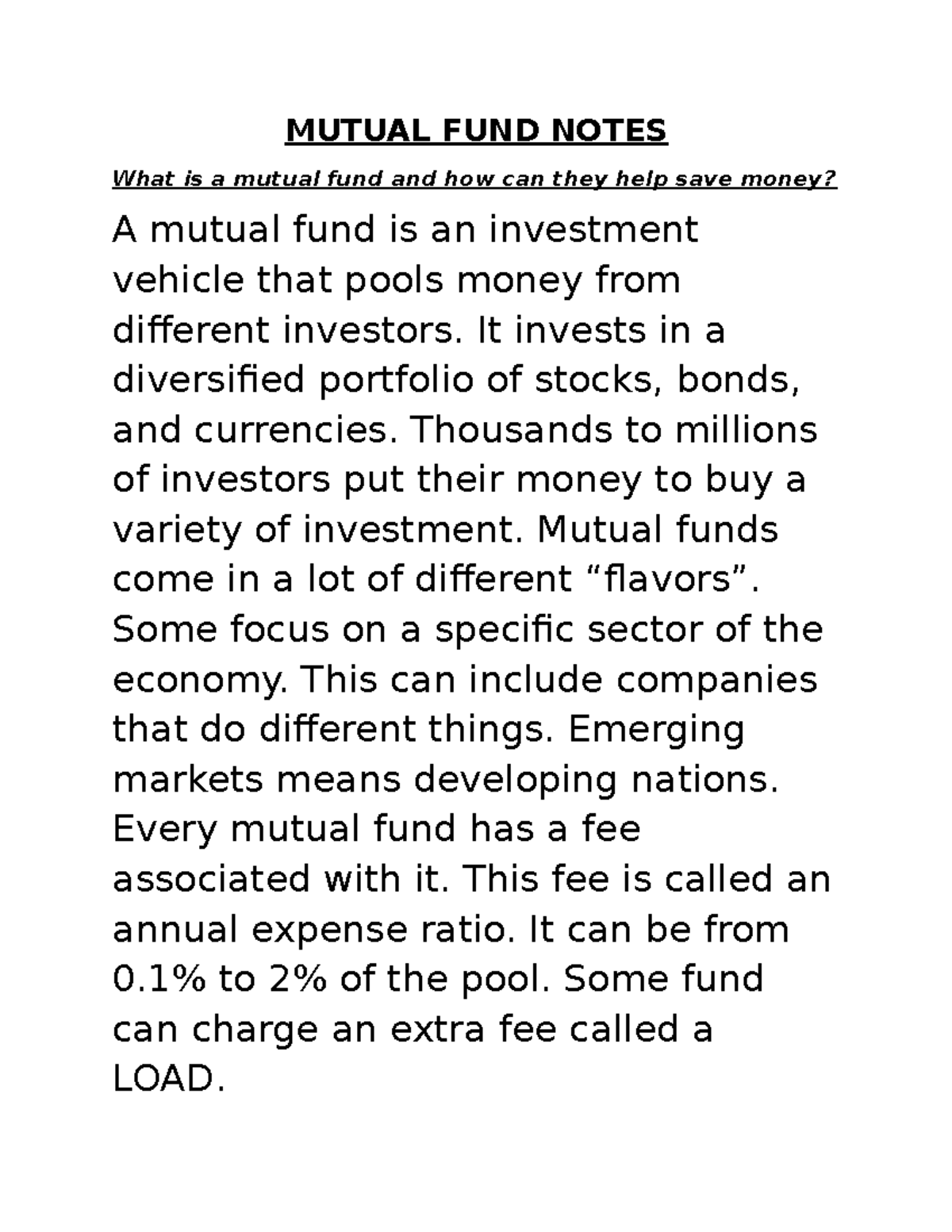 What is a Mutual Fund DONE - MUTUAL FUND NOTES What is a mutual fund ...