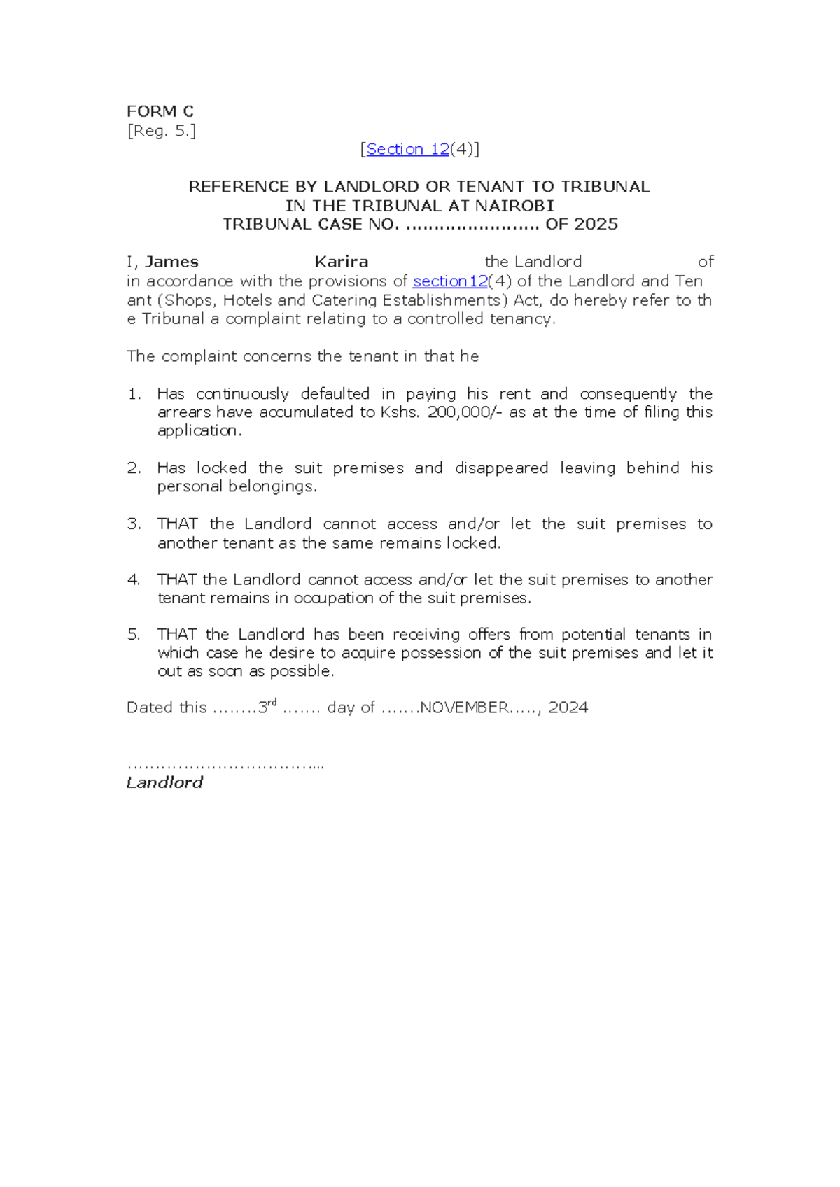 Form C - Landlord/Tenant Reference to Tribunal Case No. 2025 - Studocu