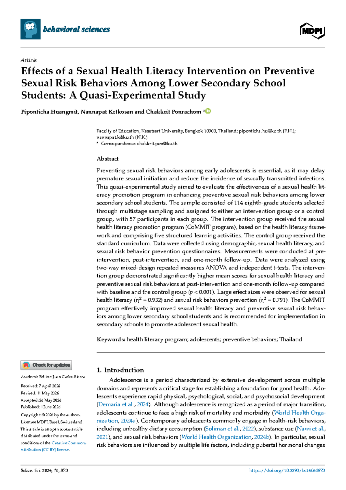Effects of a Sexual Health Literacy Intervention on Preventive ...