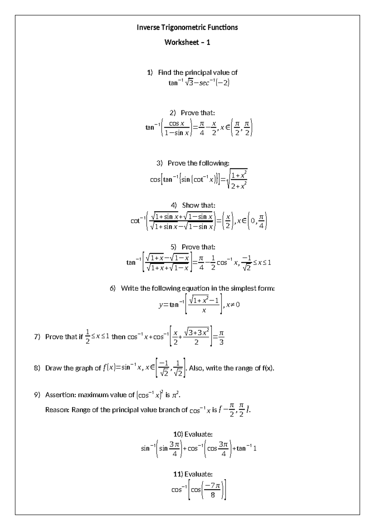 Inverse Trigonometric Functions 1 - Inverse Trigonometric Functions ...