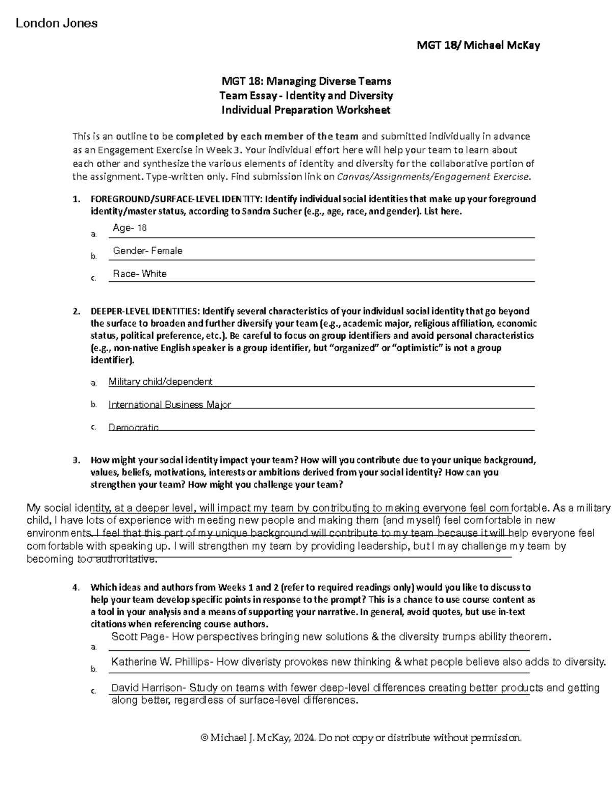 MGT 18: Week 3 Individual Prep Worksheet on Identity & Diversity - Studocu