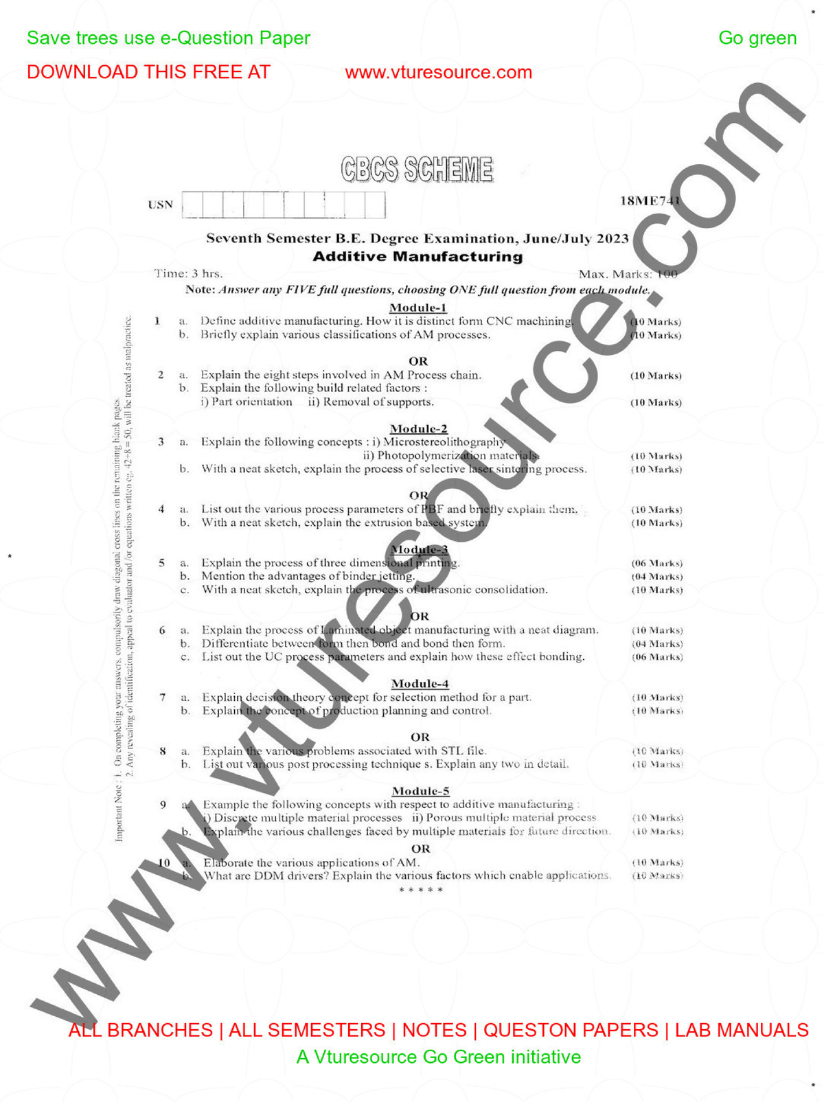 18ME741 Additive Manufacturing - 7th Sem B.E. Exam QP 2023 - Studocu