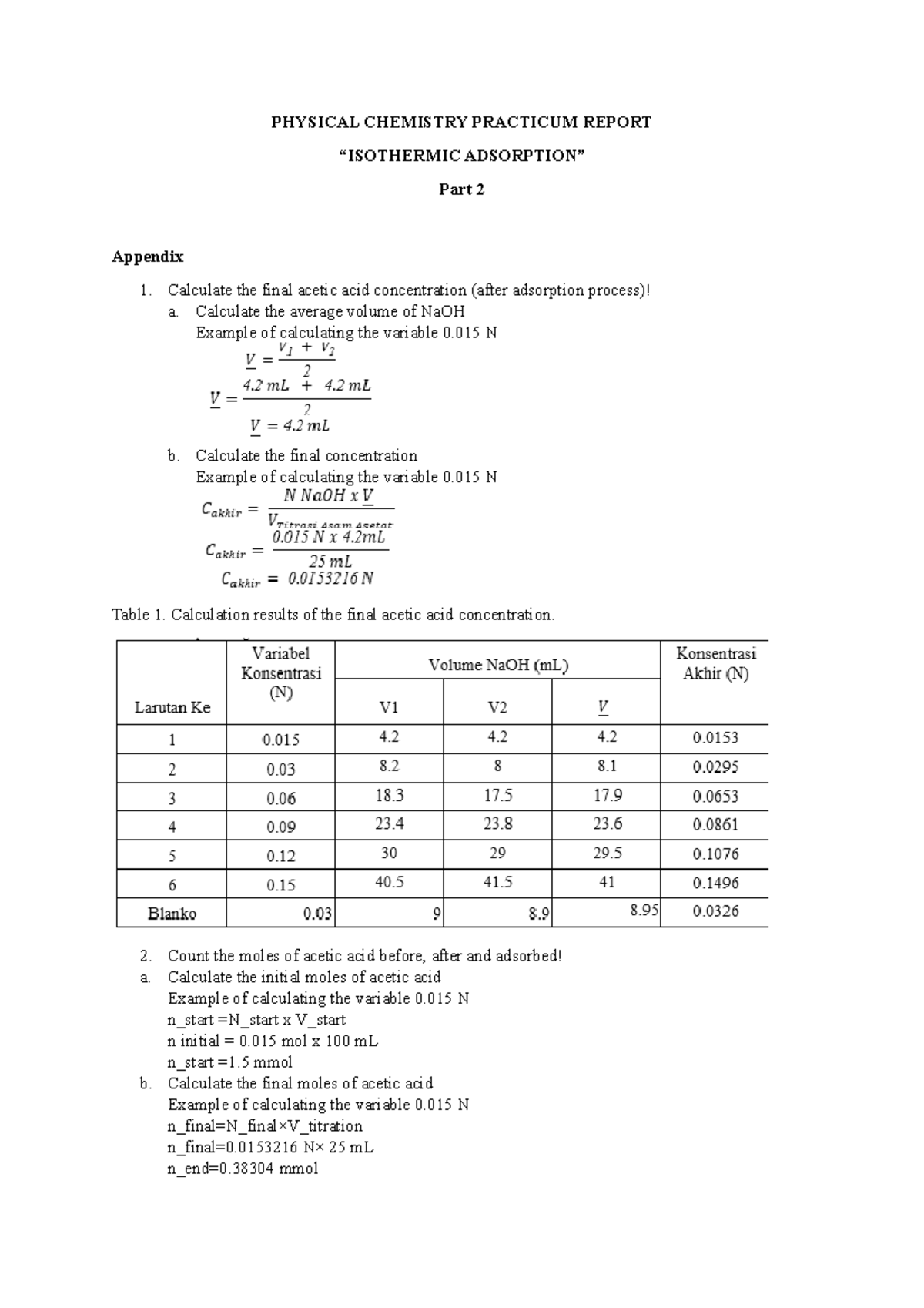 Physical Chemistry Practicum Report Isothermic Absorption - Part 2 - PHYSICAL CHEMISTRY ...