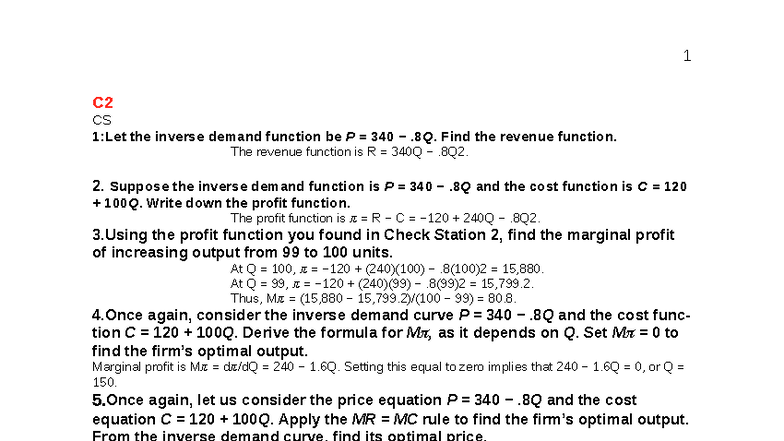 Cheat Sheet - Inverse Demand Function & Revenue Analysis (C2 CS 1 ...