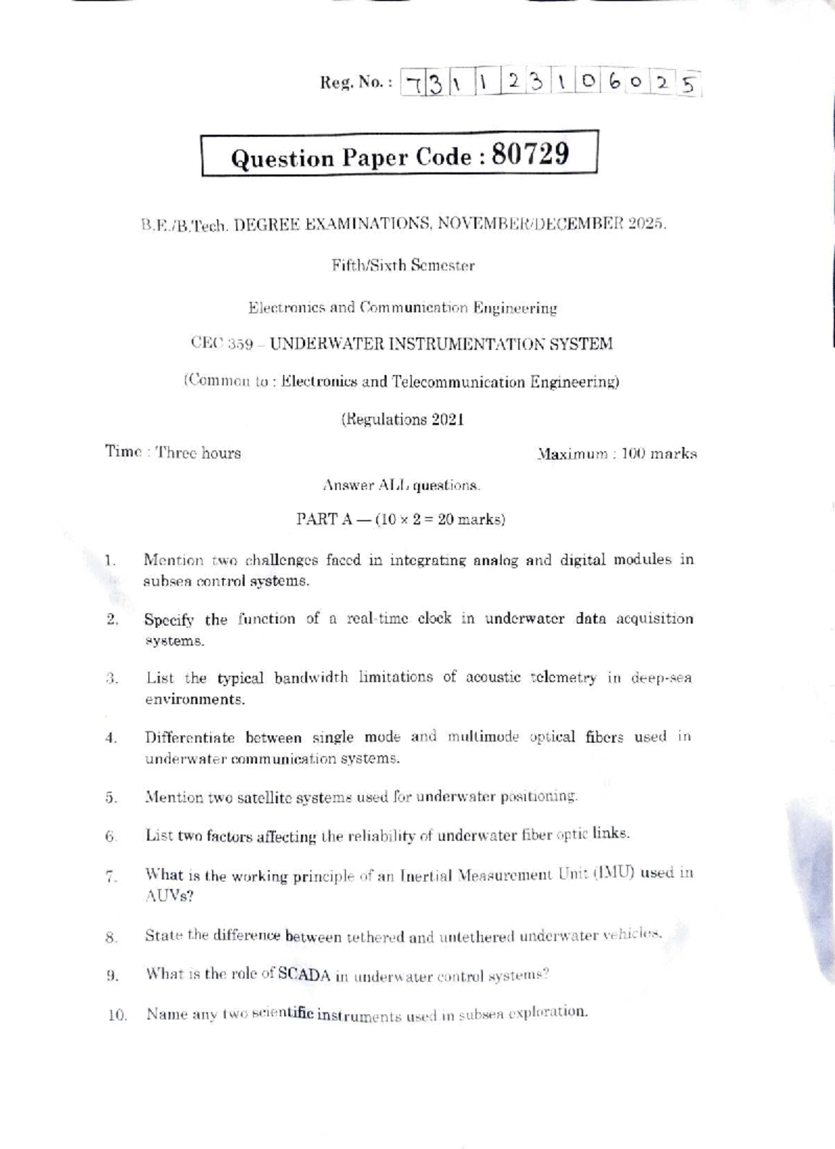 CEC 359 Final Exam Question Paper: Underwater Instrumentation Systems ...