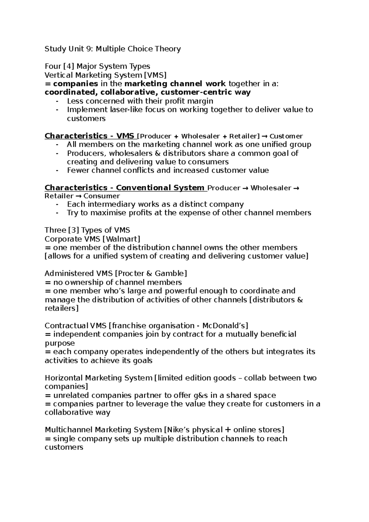 Study Unit 9: MCQ Theory on Vertical Marketing Systems - Studocu
