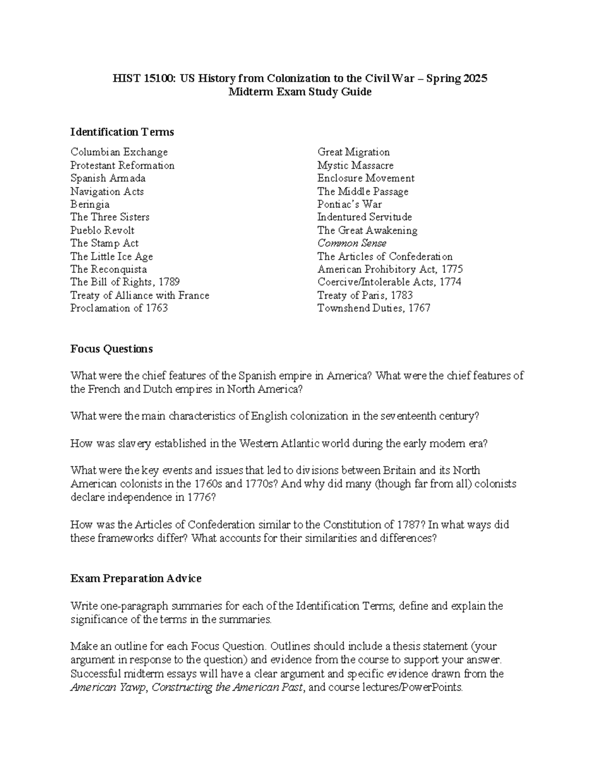 Study Guide for Midterm - Hist 151 Spring 2025 - HIST 15100: US History ...