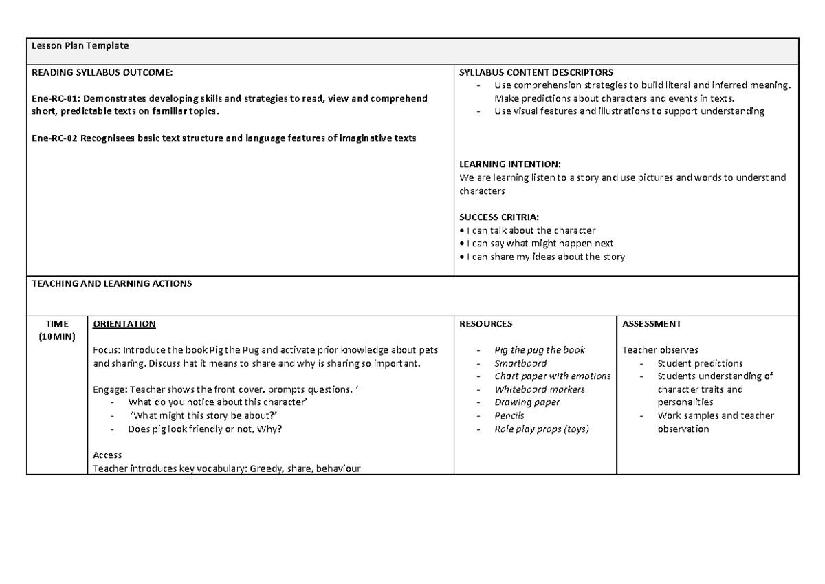 Lesson Plan: Reading Comprehension with Pig the Pug - Studocu