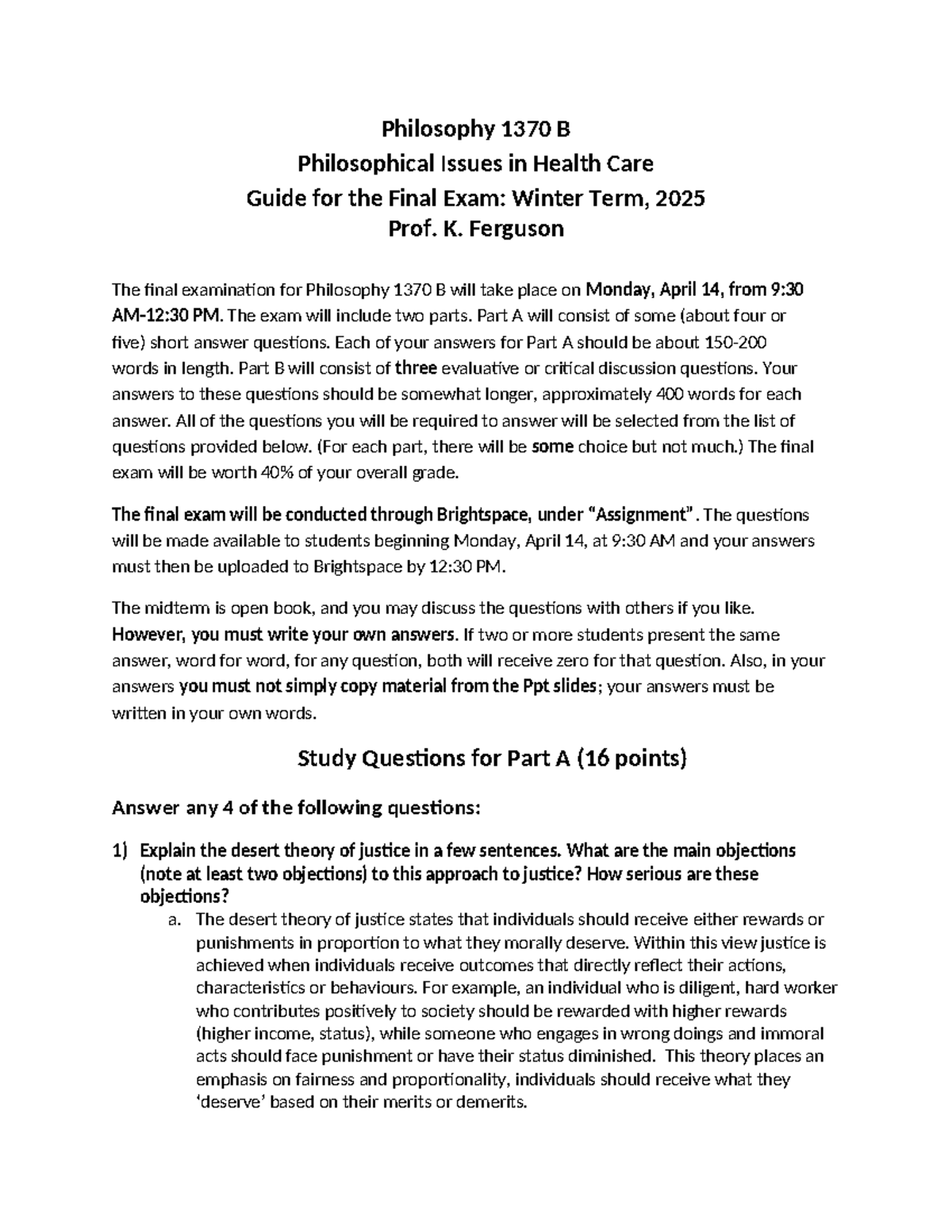 Philosophy 1370 B Final Exam Study Guide: Key Issues in Health Care ...
