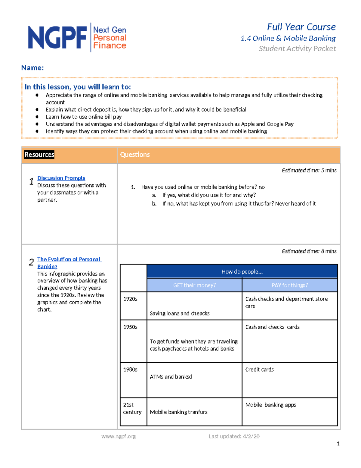 Student Activity Packet 1: Online Mobile Banking Course 1.4 - Studocu