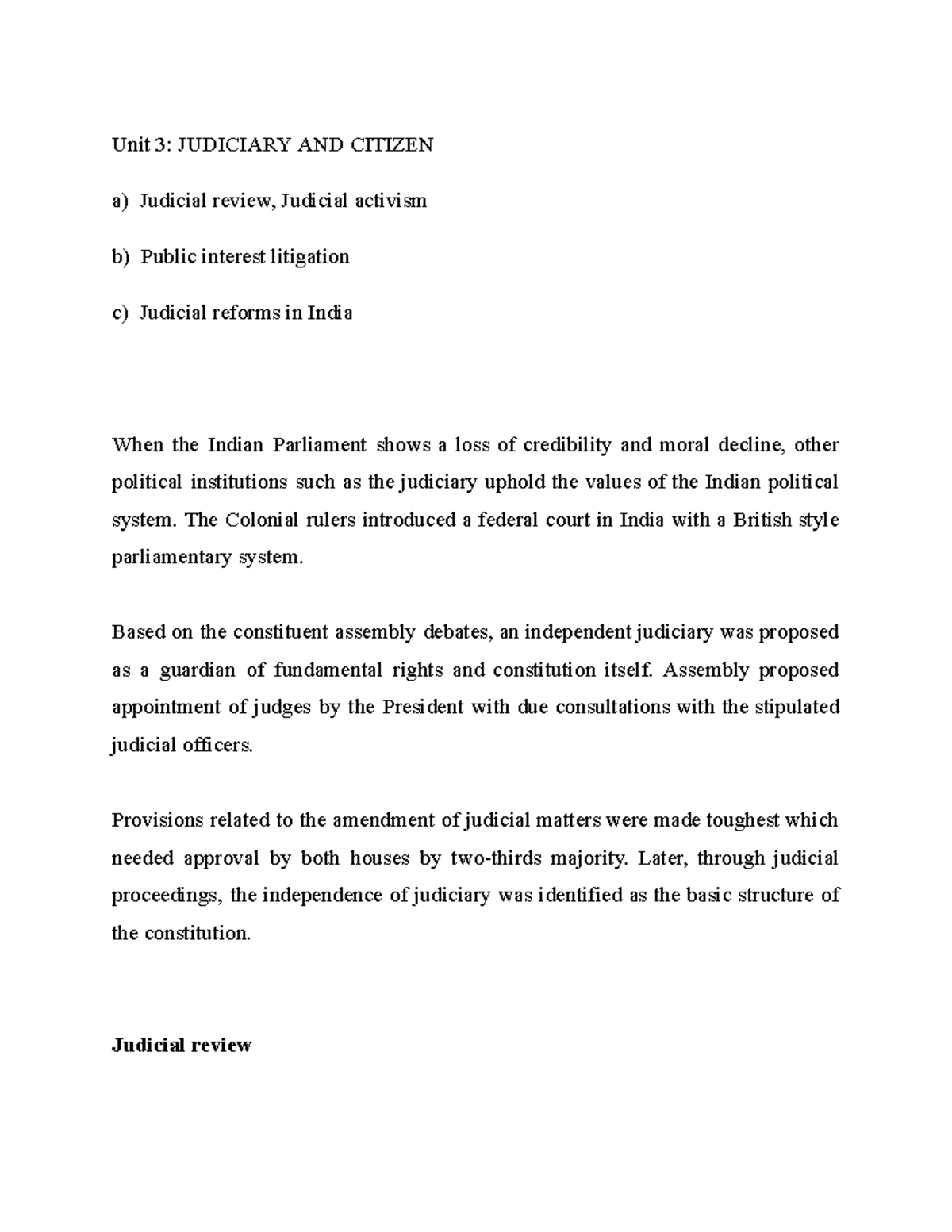 Unit 3: Judiciary and Citizen - Judicial Review & Activism in India ...