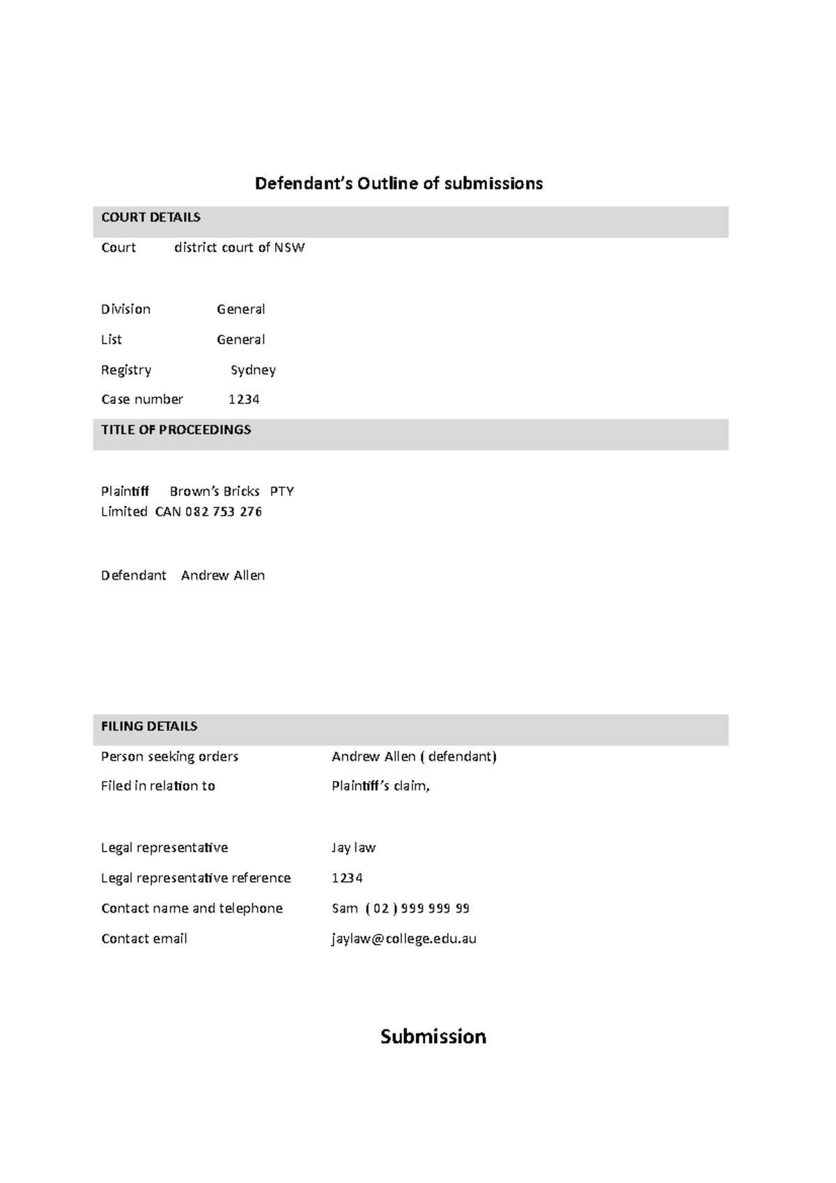 11 - Defendant's Written Submission Outline for Court Case 1234 - Studocu