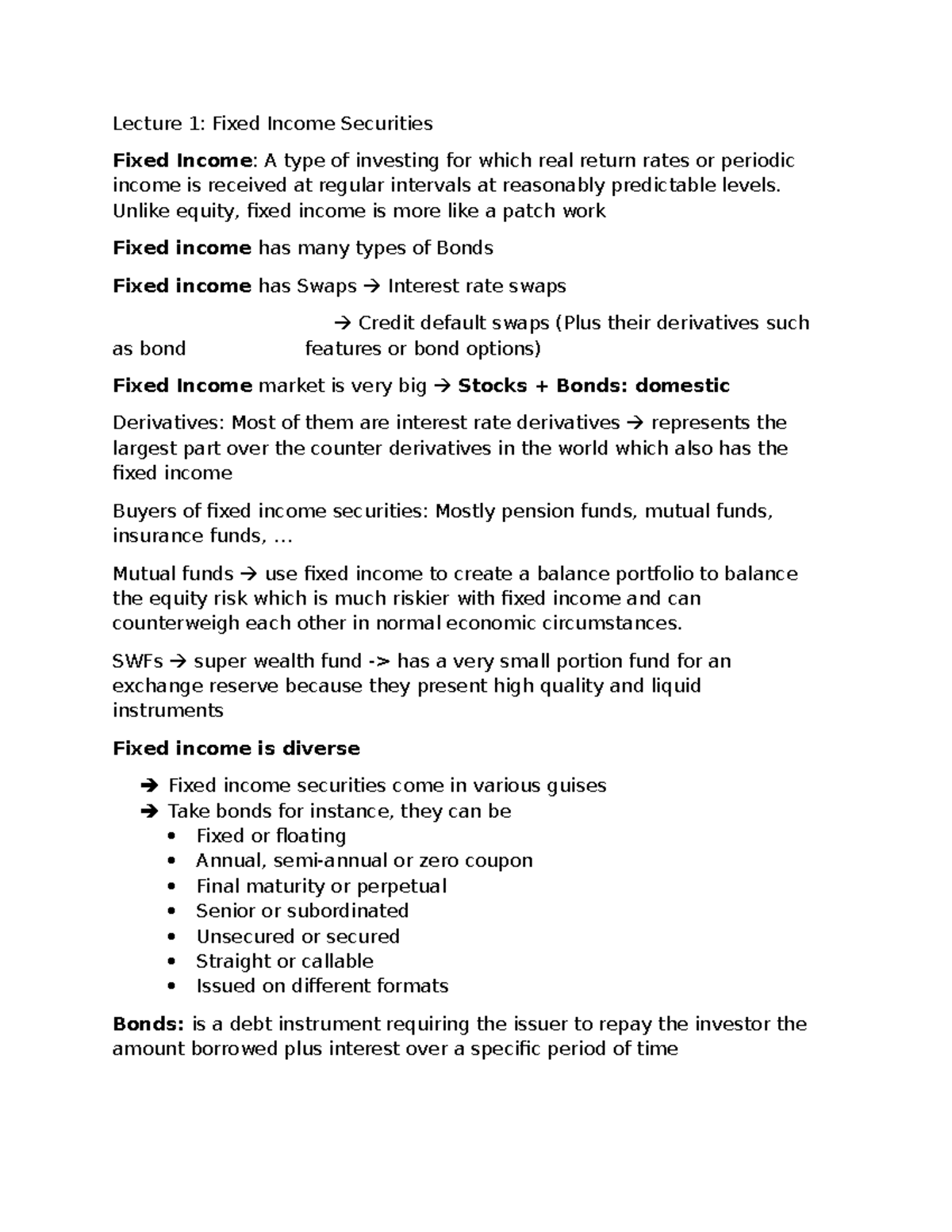 Lecture 1: Overview of Fixed Income Securities and Bonds - Studeersnel