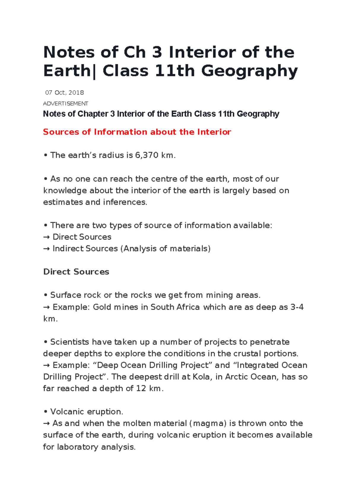 Class 11 Geography: Notes on Chapter 3 - Interior of the Earth - Studocu