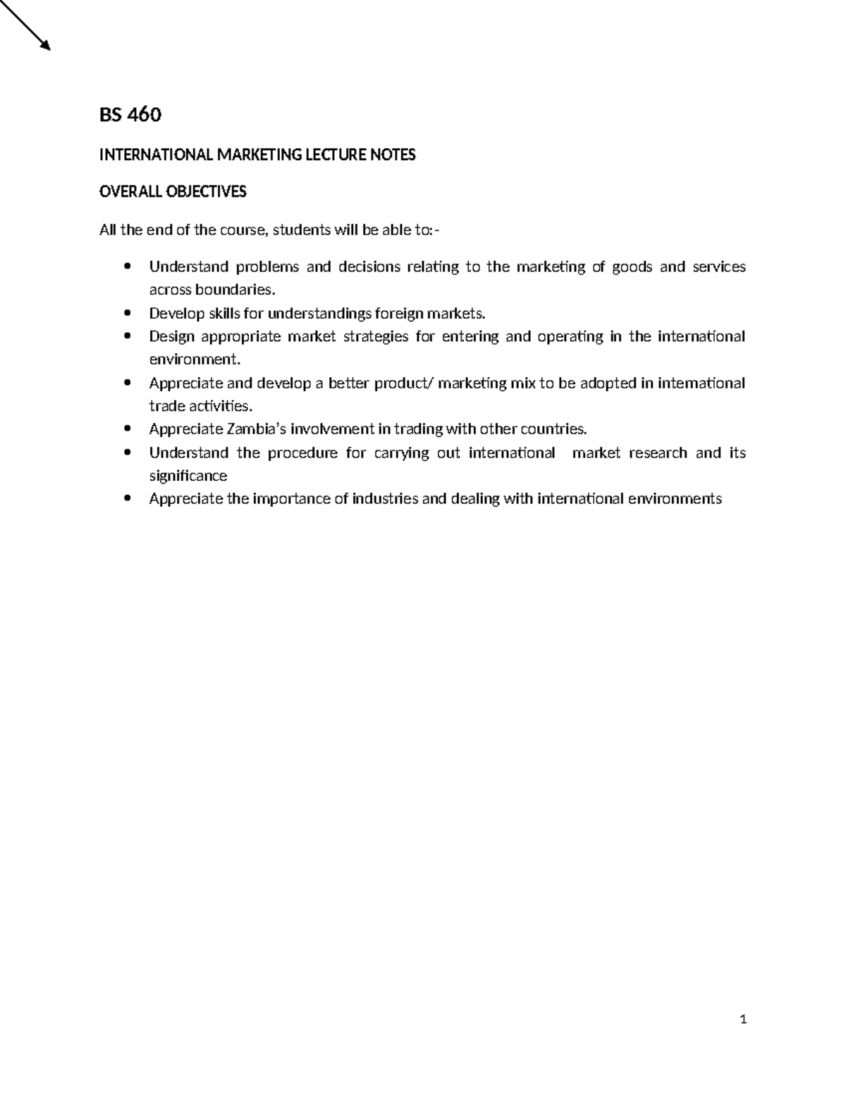 BS 460 INTERNATIONAL MARKETING LECTURE NOTES: KEY CONCEPTS & STRATEGIES ...