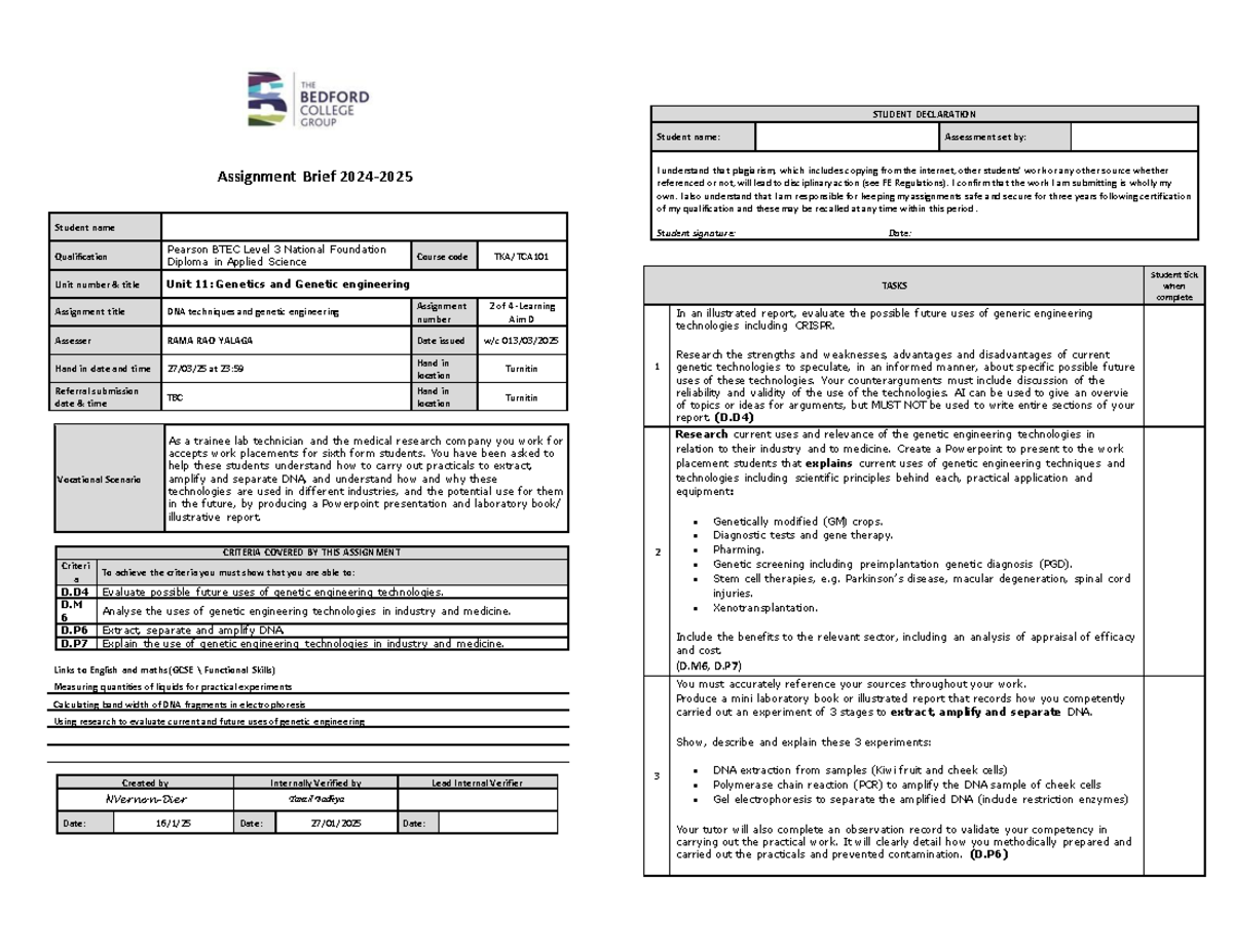BTEC Level 3 Unit 11: Genetics & Genetic Engineering Assignment 2 ...