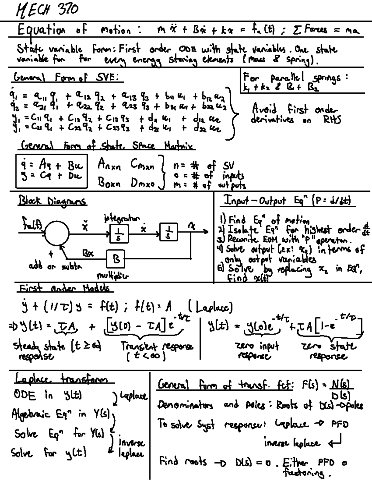 MECH 370 Midterm Cheat Sheet: Key Equations & State Space Concepts - Studocu
