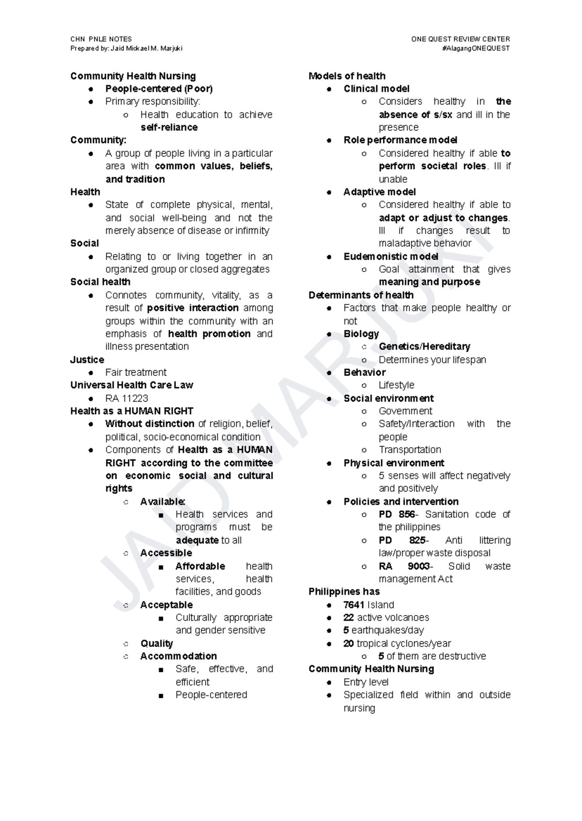 CHN PNLE Notes: Comprehensive Review on Community Health Nursing - Studocu