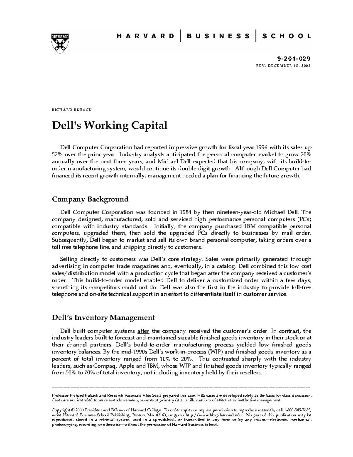 201-029 Dell's Working Capital Analysis and Supply Chain Strategy - Studocu