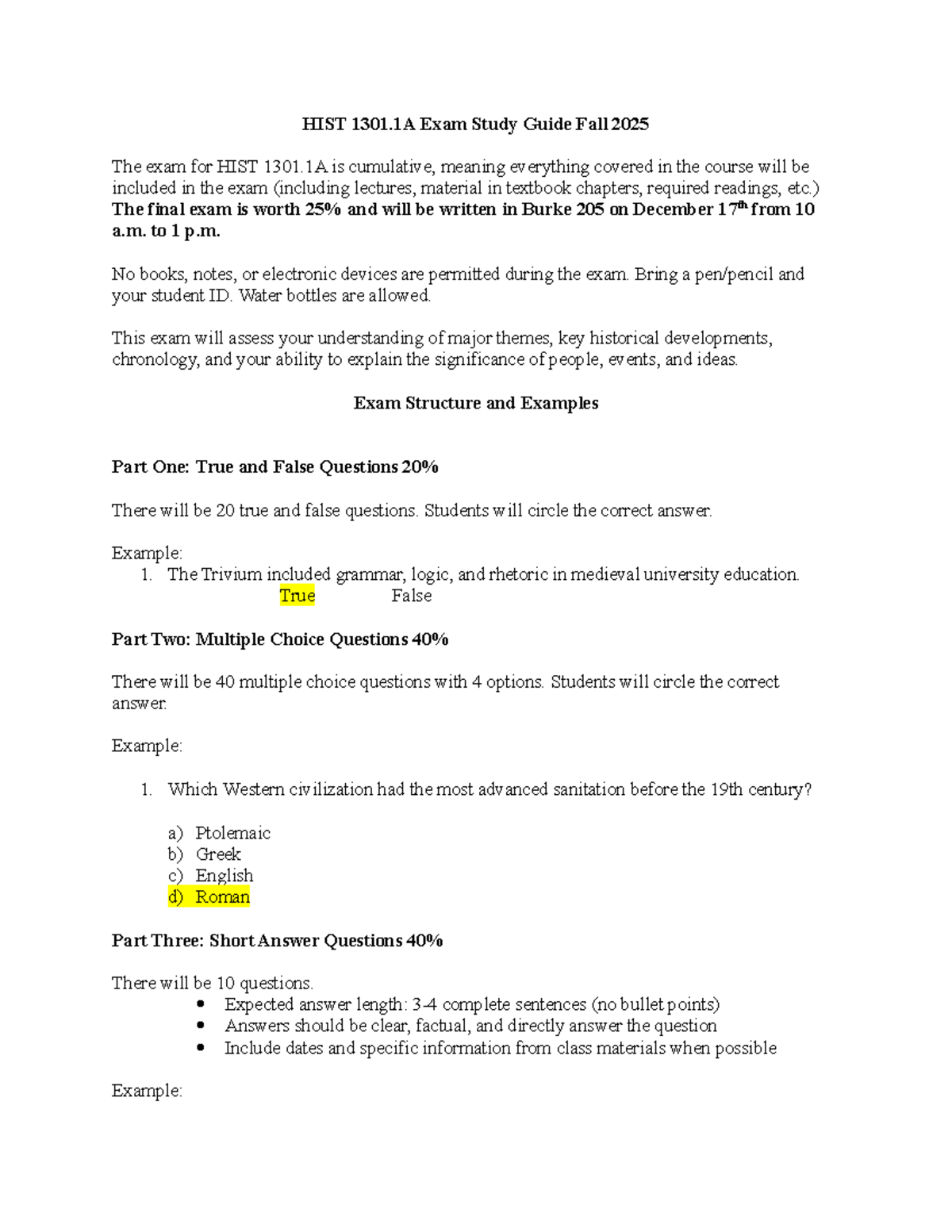 HIST 1301.1A Final Exam Study Guide - Fall 2025 - Studocu