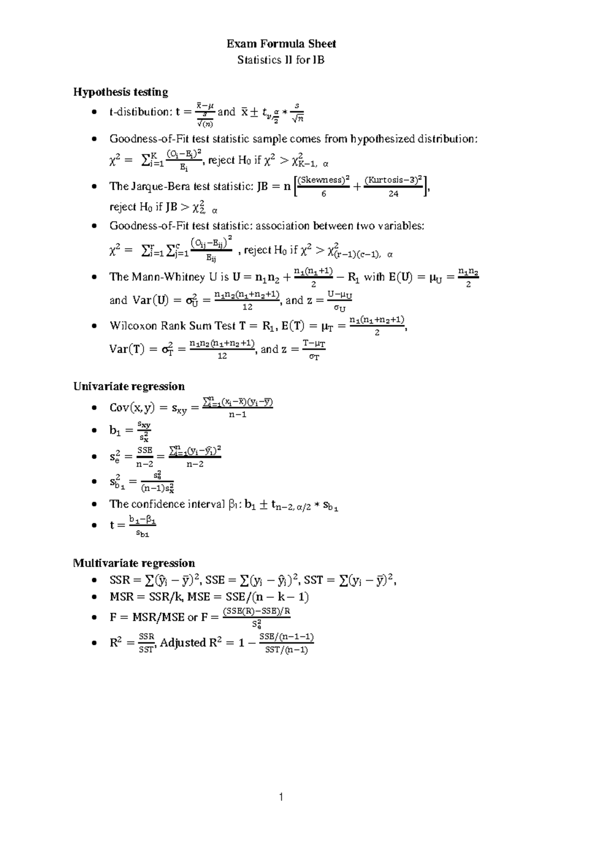 Statistics II (IB) Final Exam Formula Sheet - Studeersnel