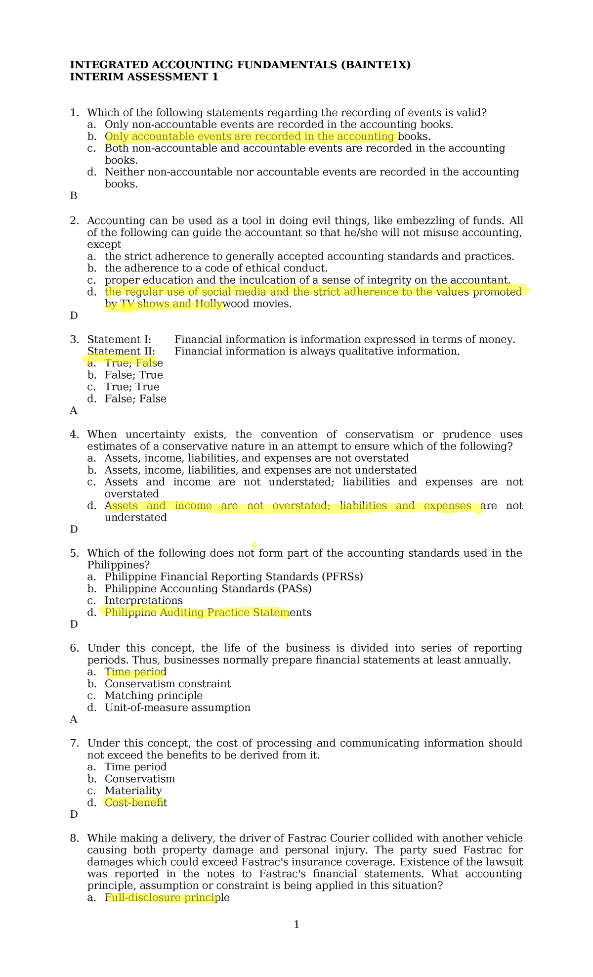 Interim Assessment 1 (BAINTE1X) with Detailed Answer Key - Studocu