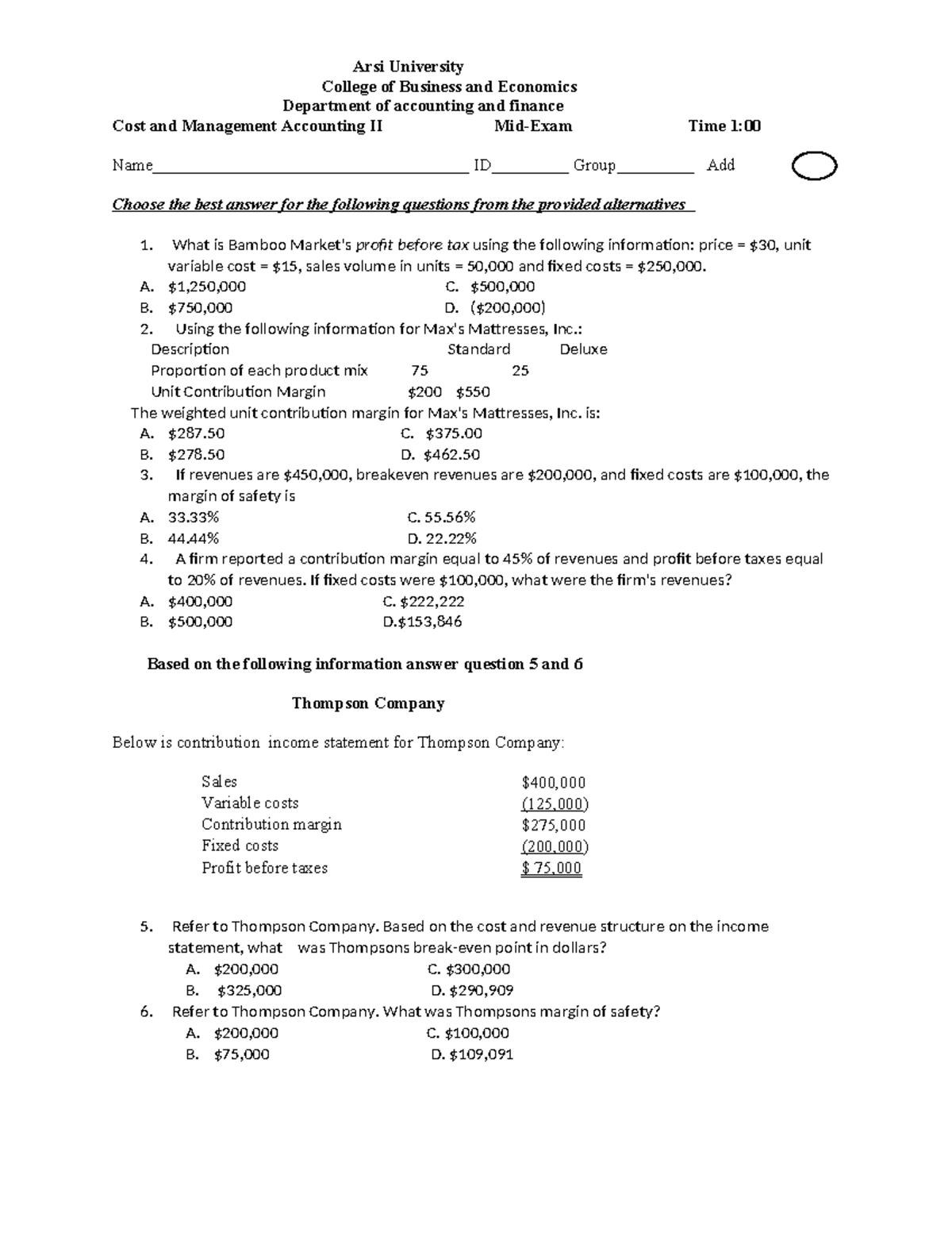 Cost II Midterm Exam - Accounting and Finance Questions - Studocu