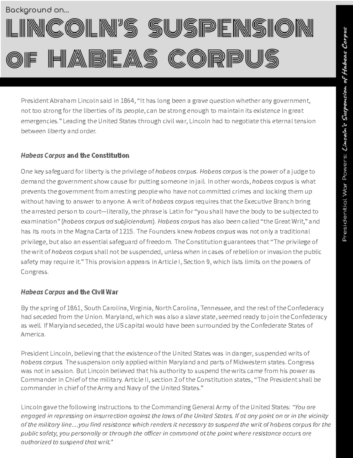Alannah Mykoo - Examining Lincoln's Habeas Corpus Suspension (GC) - Studocu
