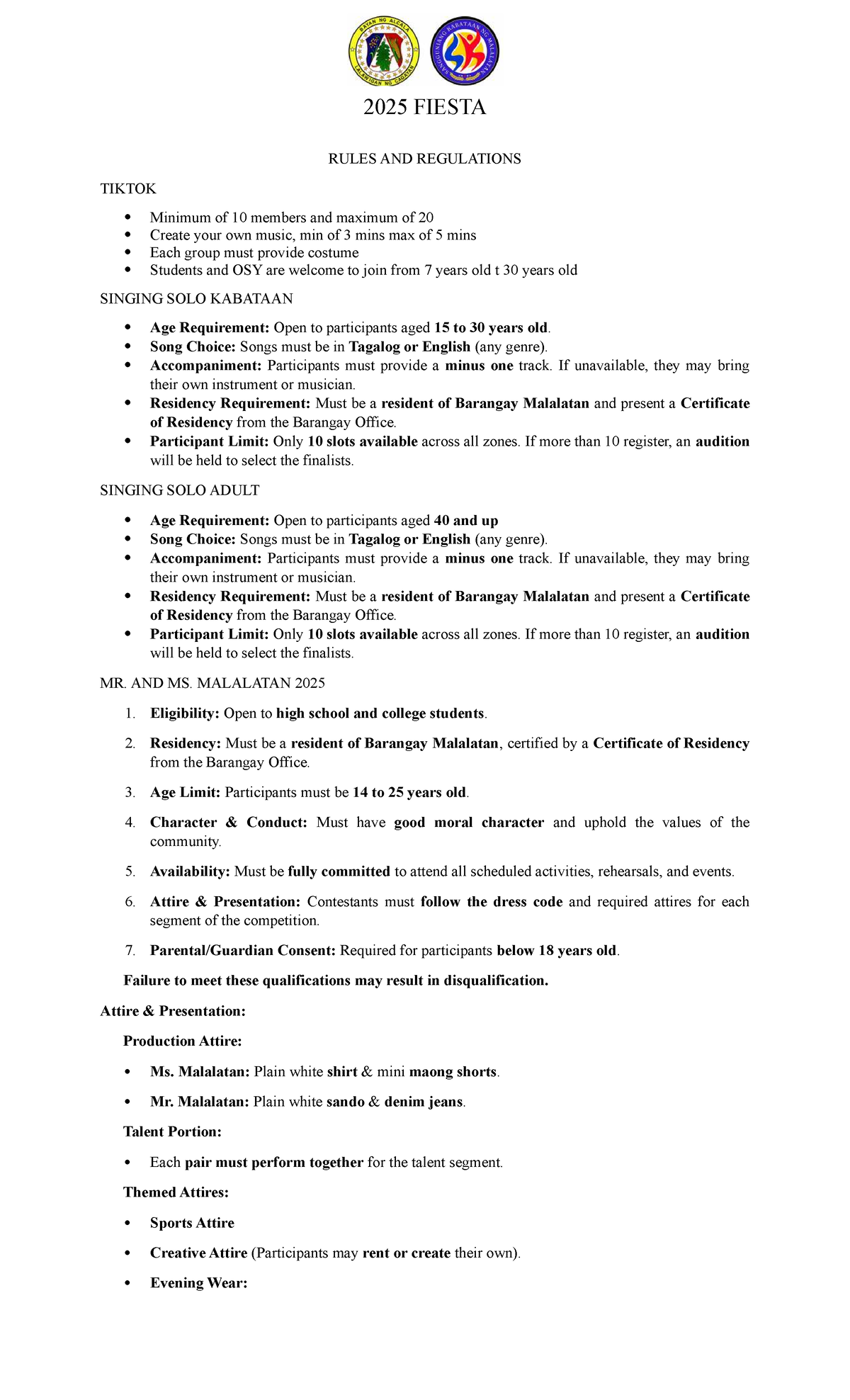 2025 FIESTA Rules & Regulations for Singing and Pageant Competitions ...