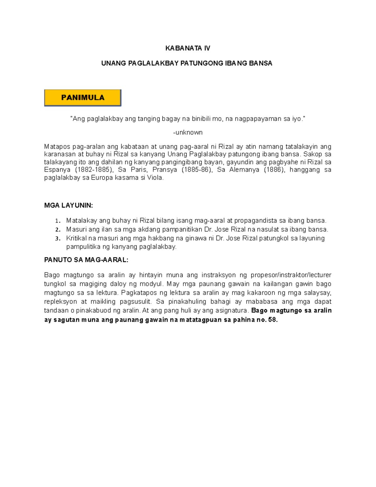 SS5 Kabanata IV: Unang Paglalakbay ni Rizal sa Ibang Bansa - Studocu