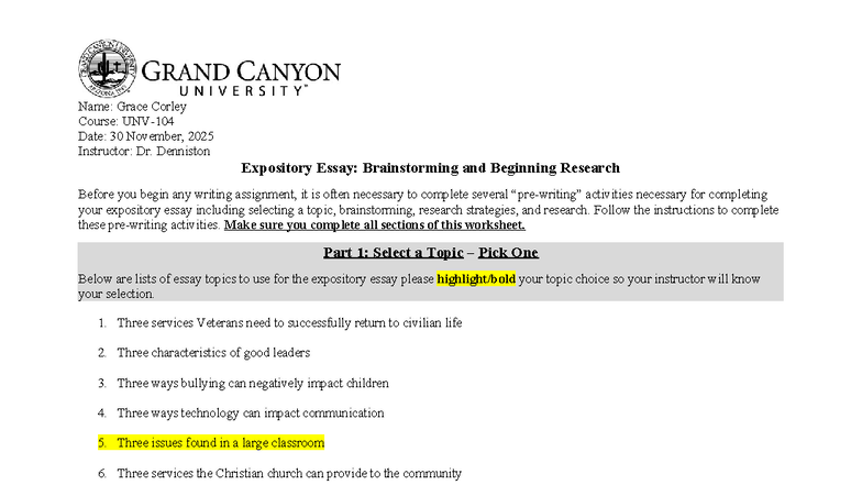 UNV-104 Expository Essay: Brainstorming & Research Strategies - Studocu