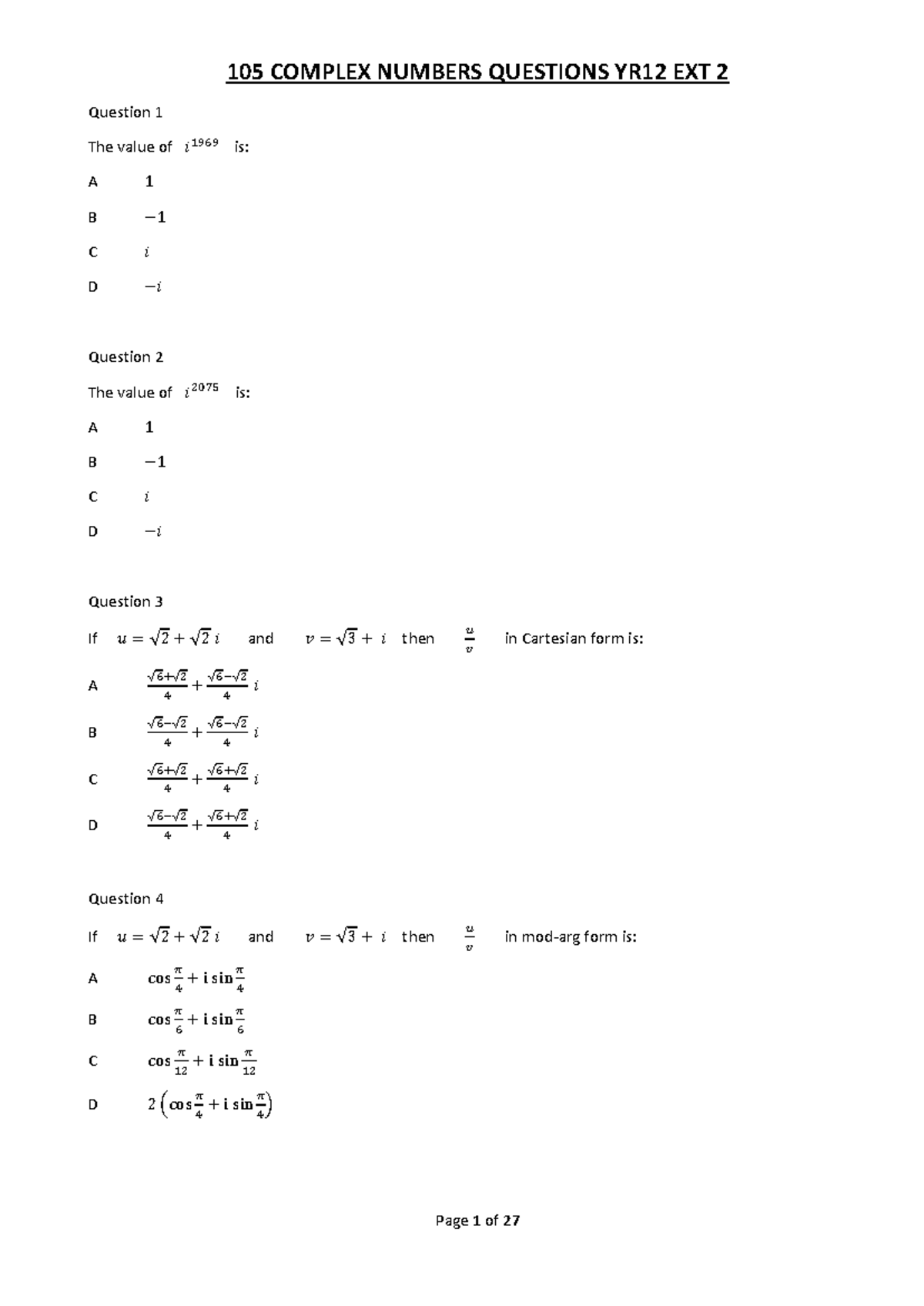 105 Complex Numbers Questions YR12 EXT 2 - Practice Problems - Studocu
