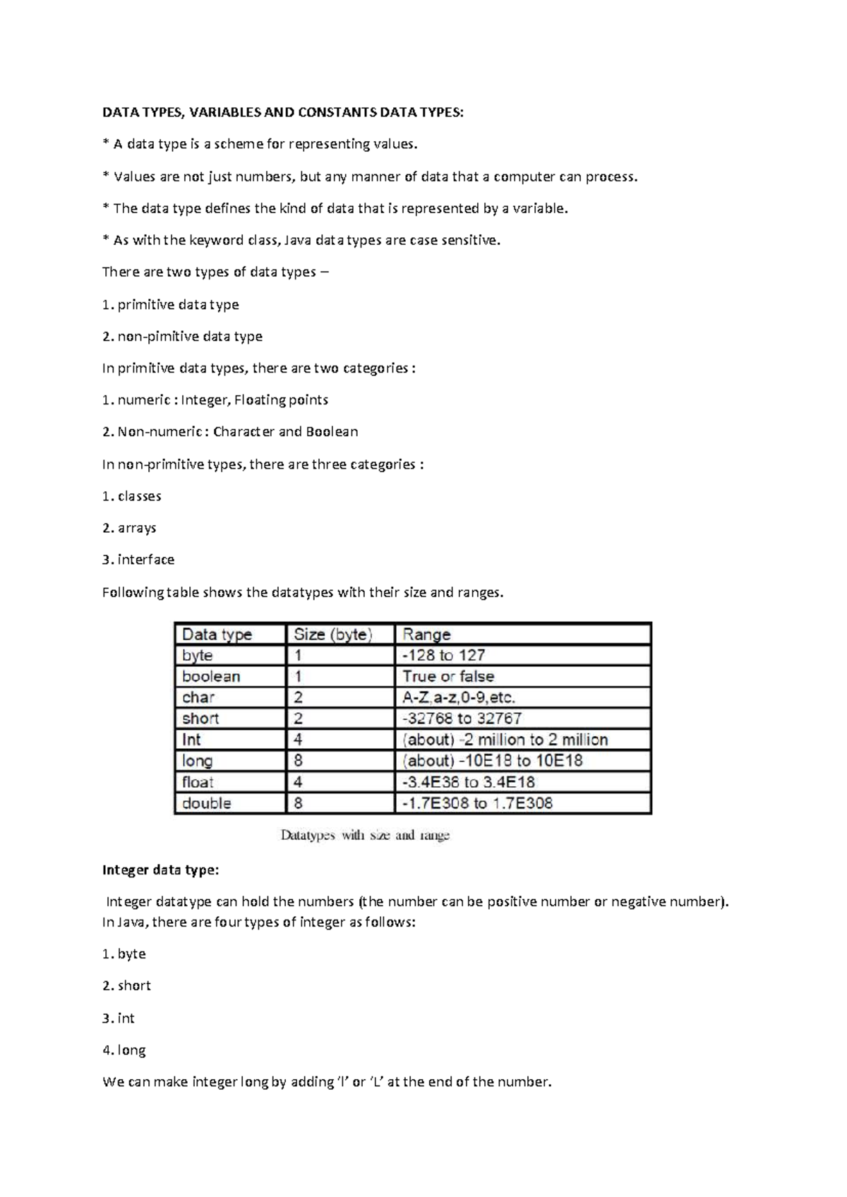 Java U2: Data Types, Variables, and Constants Overview - Studocu