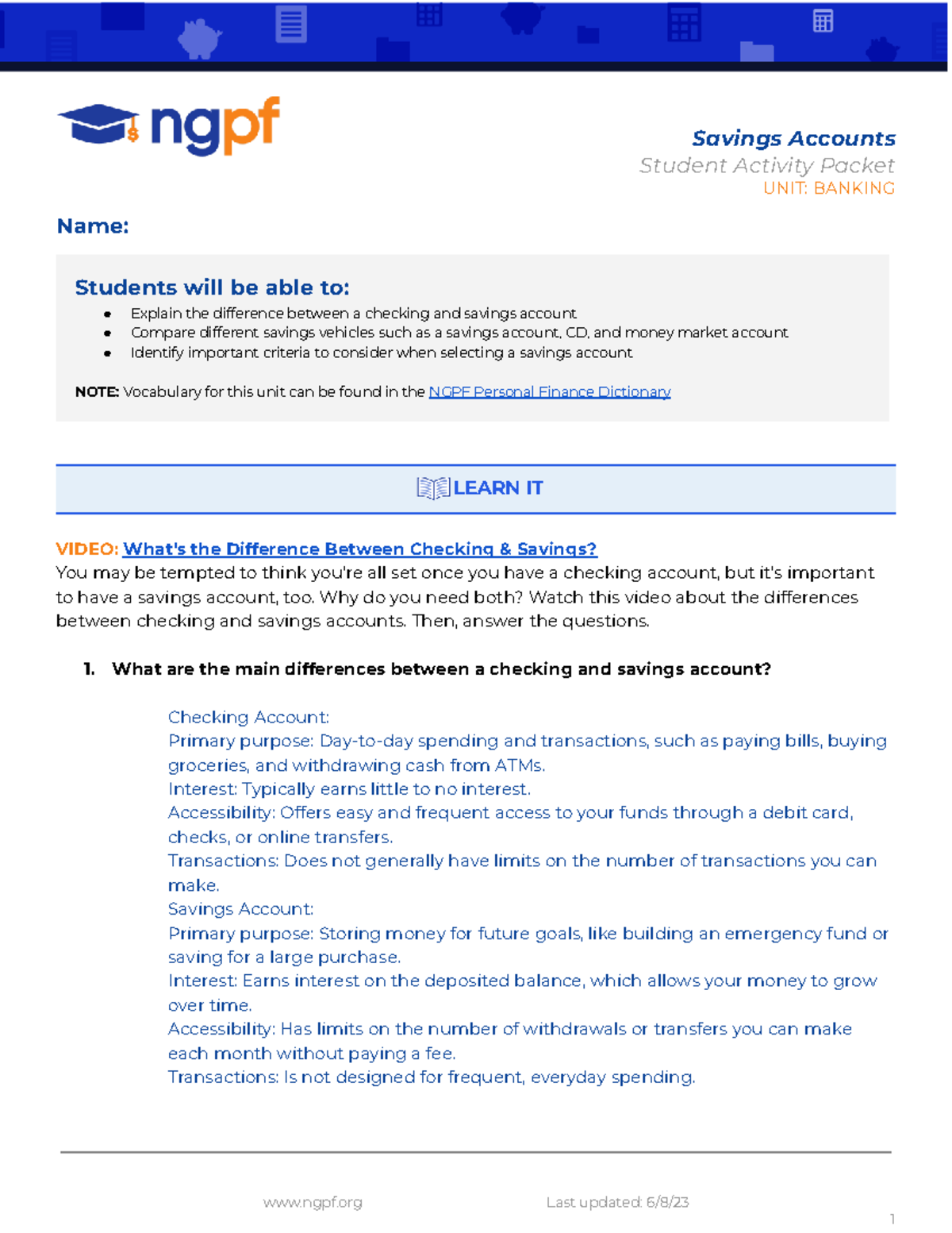 Savings Accounts Student Activity Packet: Understanding Banking Basics ...