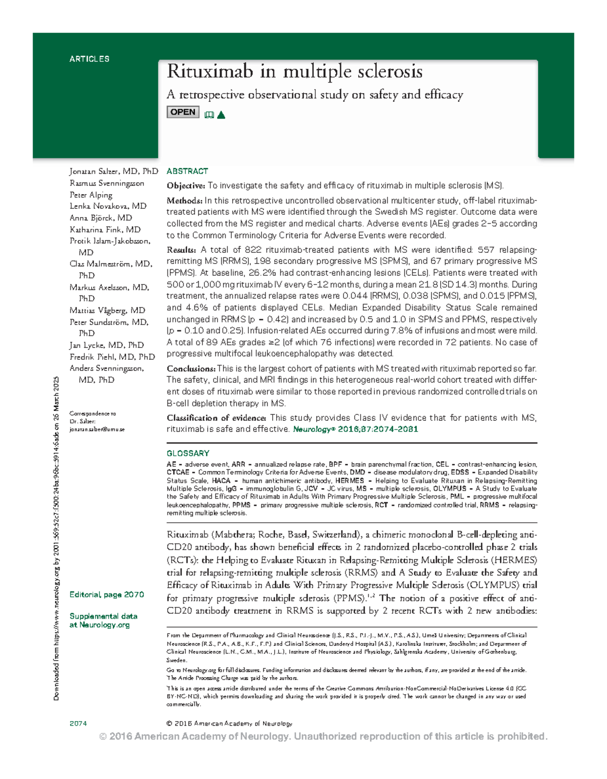 Rituximab Safety and Efficacy in Multiple Sclerosis - A Study Overview - ARTICLES Jonatan Salzer ...