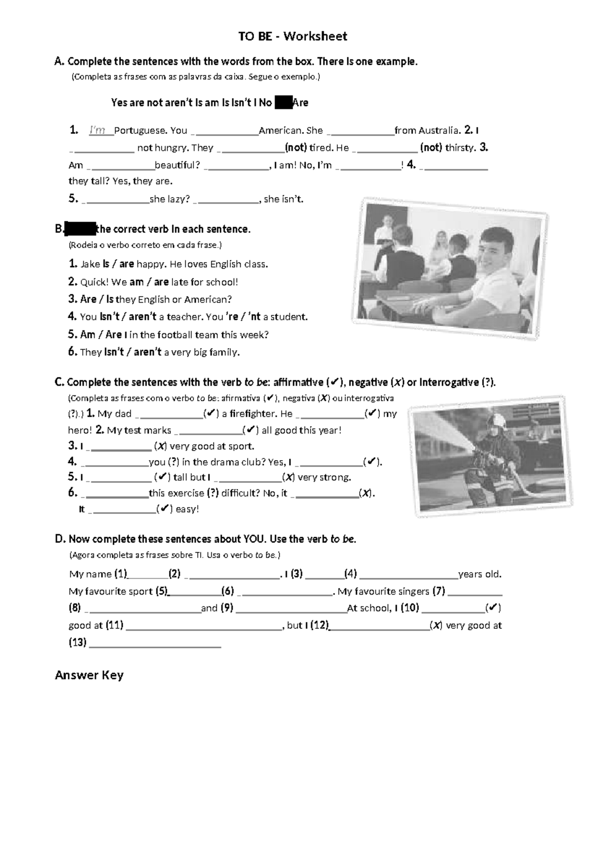 Verb to be - Worksheet A: Complete the Sentences - Studocu