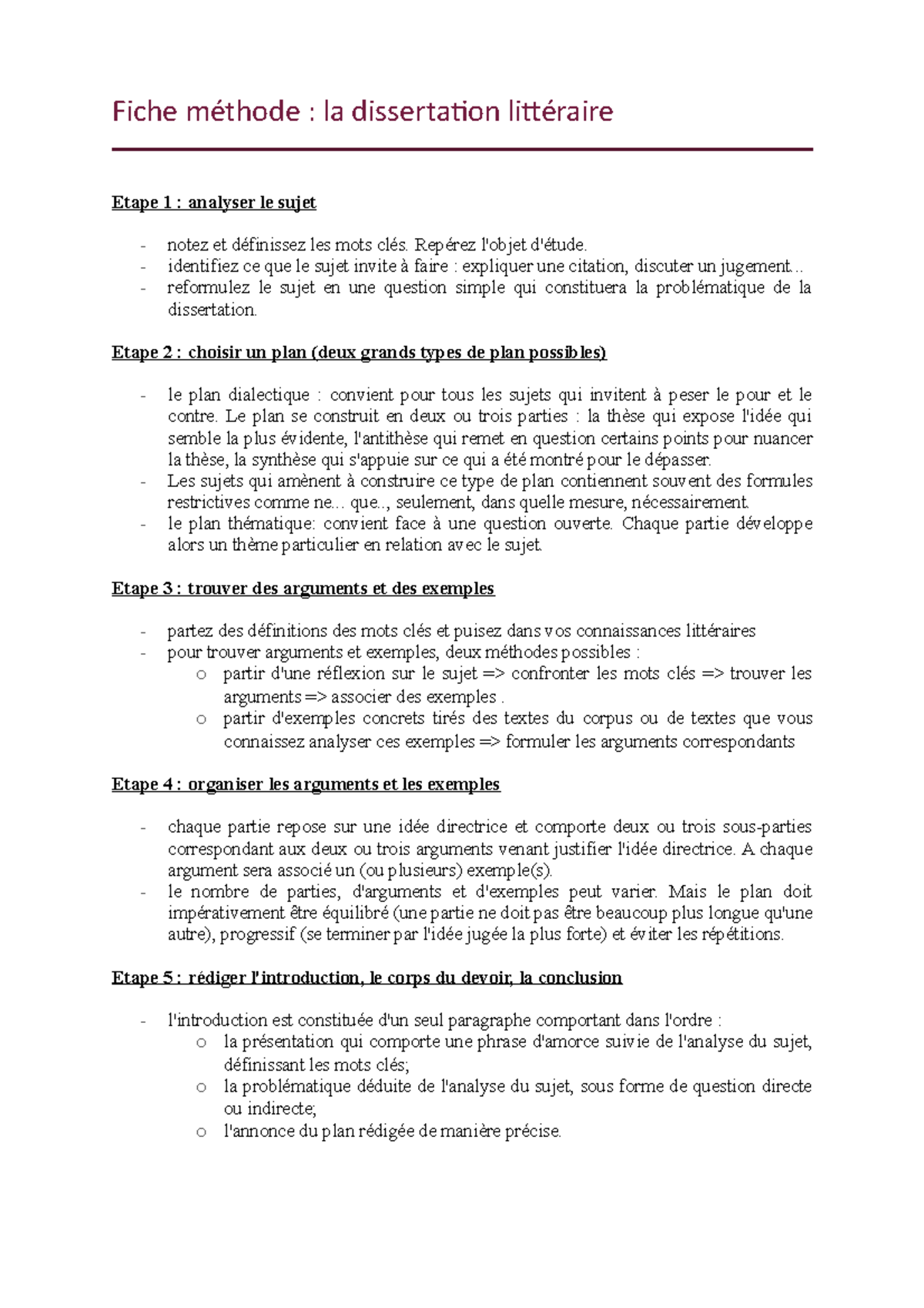 Méthode de Dissertation Littéraire : Guide Pratique et Étapes - Studocu