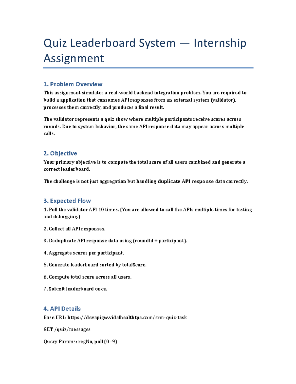 Quiz Leaderboard System Internship Assignment 1 - Overview and ...