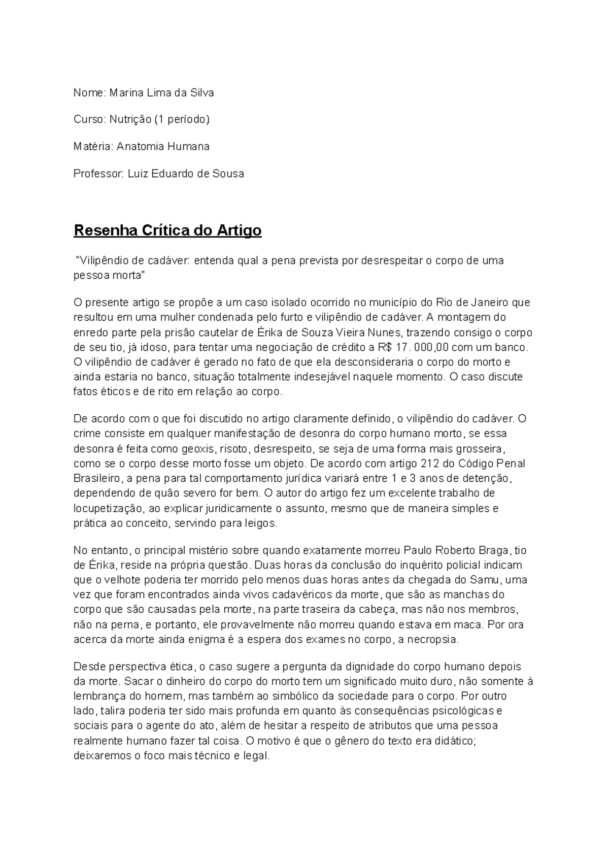 Resenha Crítica do Artigo: Vilipêndio de Cadáver na Nutrição (ANATOMIA ...