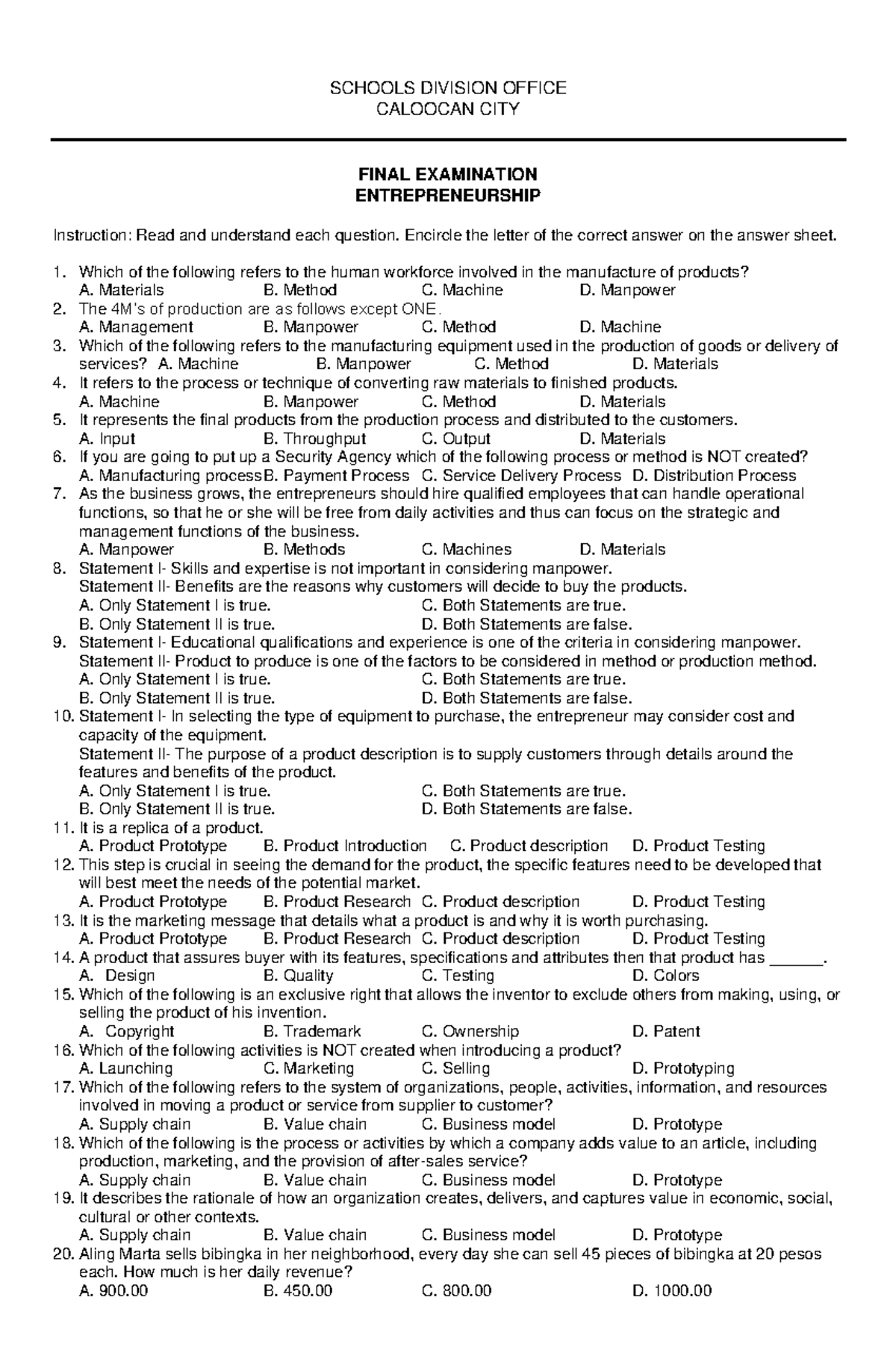 Entrep-2ND-QTR - Final Examination Review for Entrepreneurship - Studocu