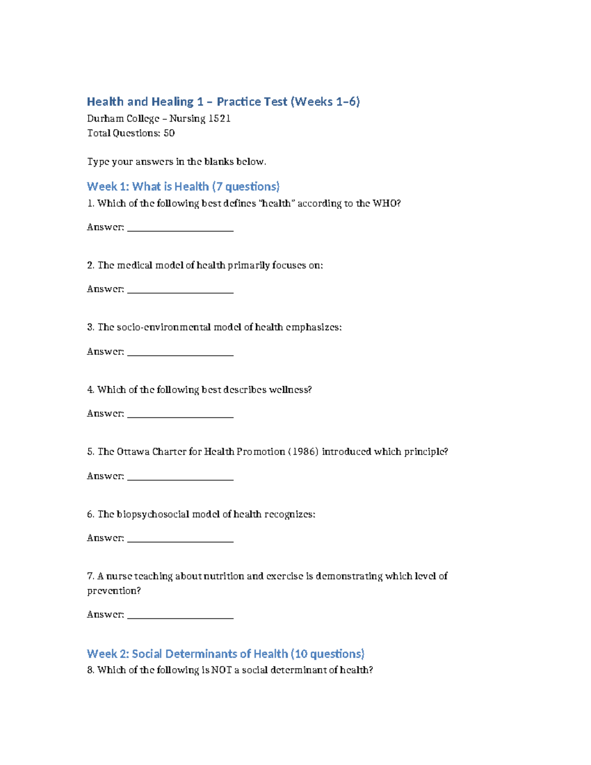 Nursing 1521 Health and Healing 1 Practice Test Questions - Studocu