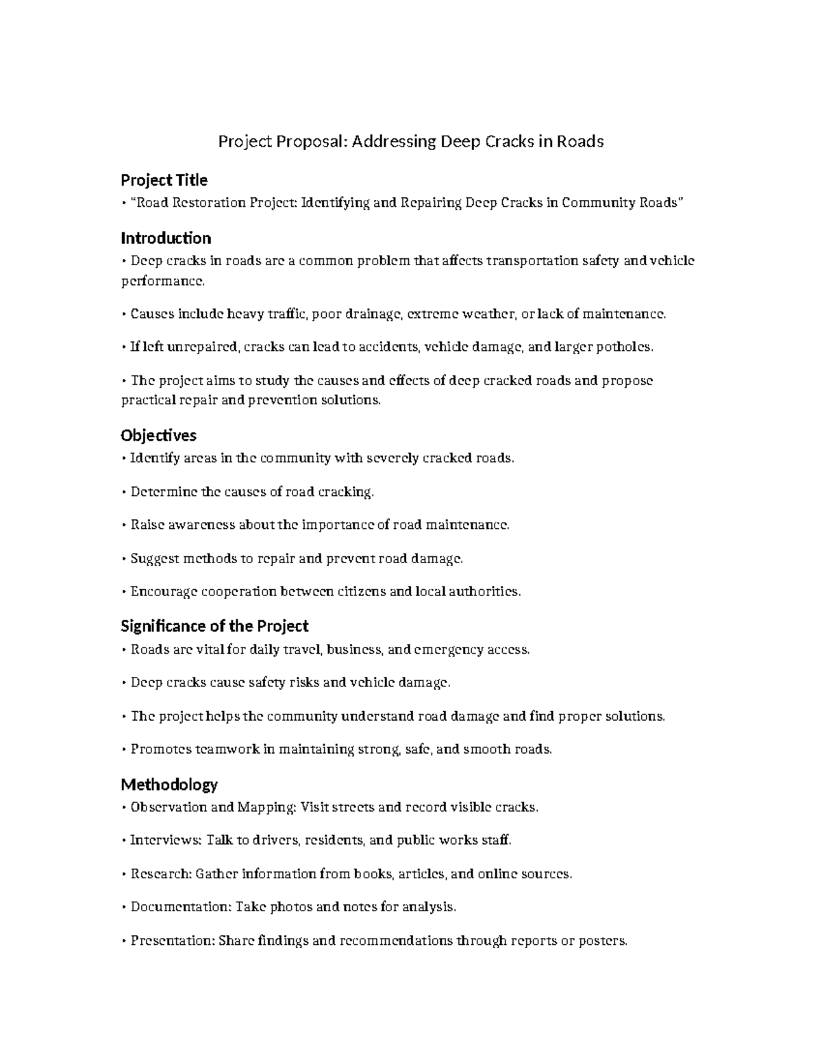 Project Proposal: Repairing Deep Cracks in Roads - Studocu