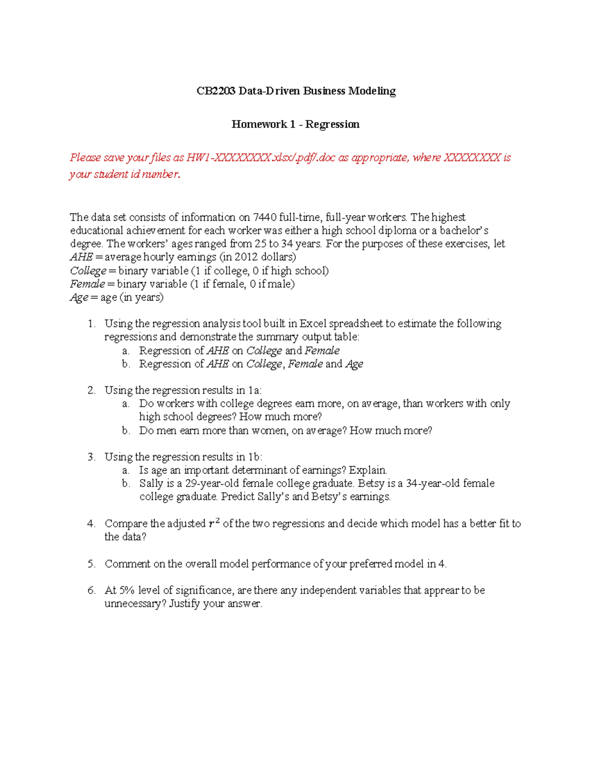 CB2203 Homework 1 - Regression Analysis on Earnings Data - Studocu